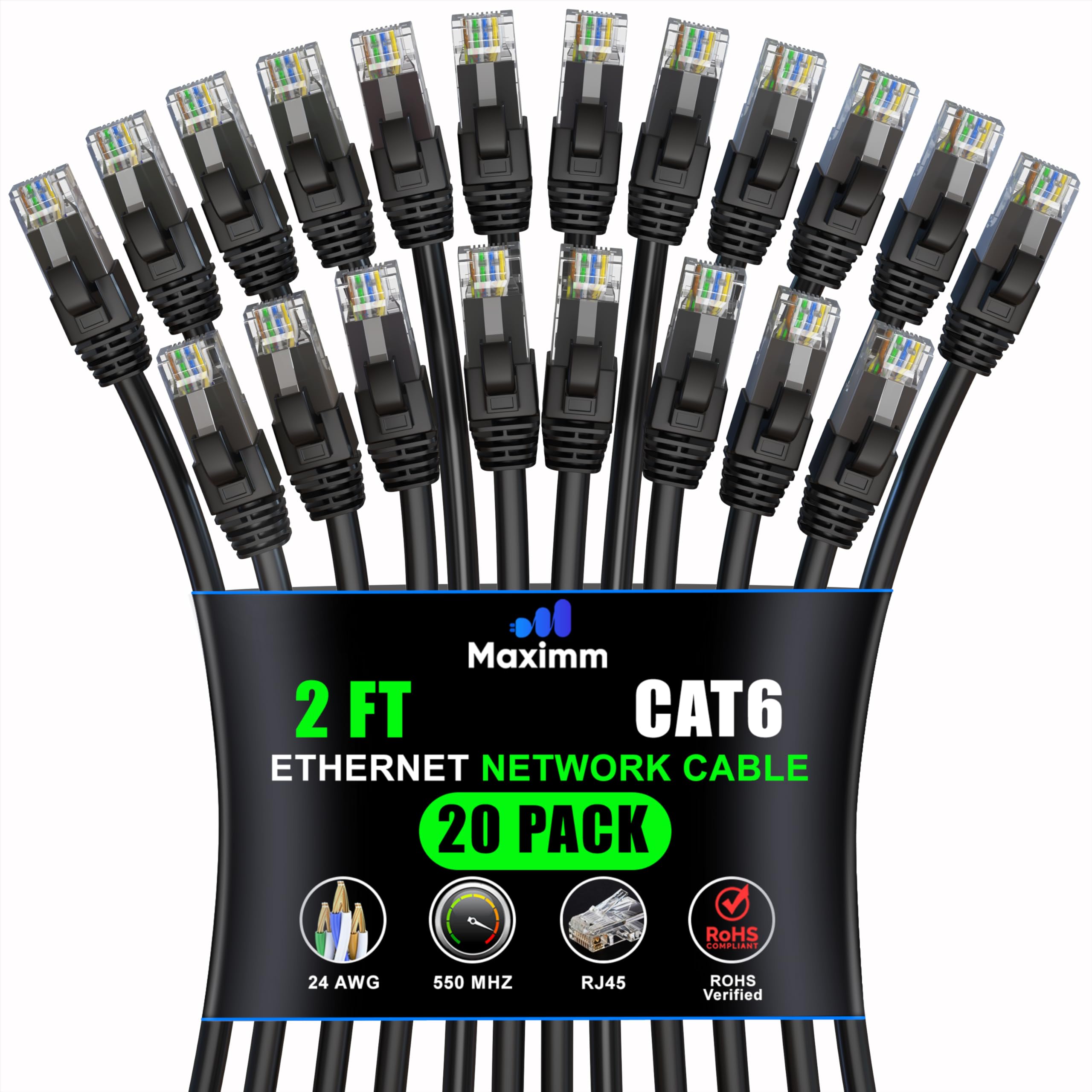 Maximm Cat 6 Ethernet Cable 2 ft (20 Pack) UTP, 10Gbps, 550MHz BK20PK04 ...