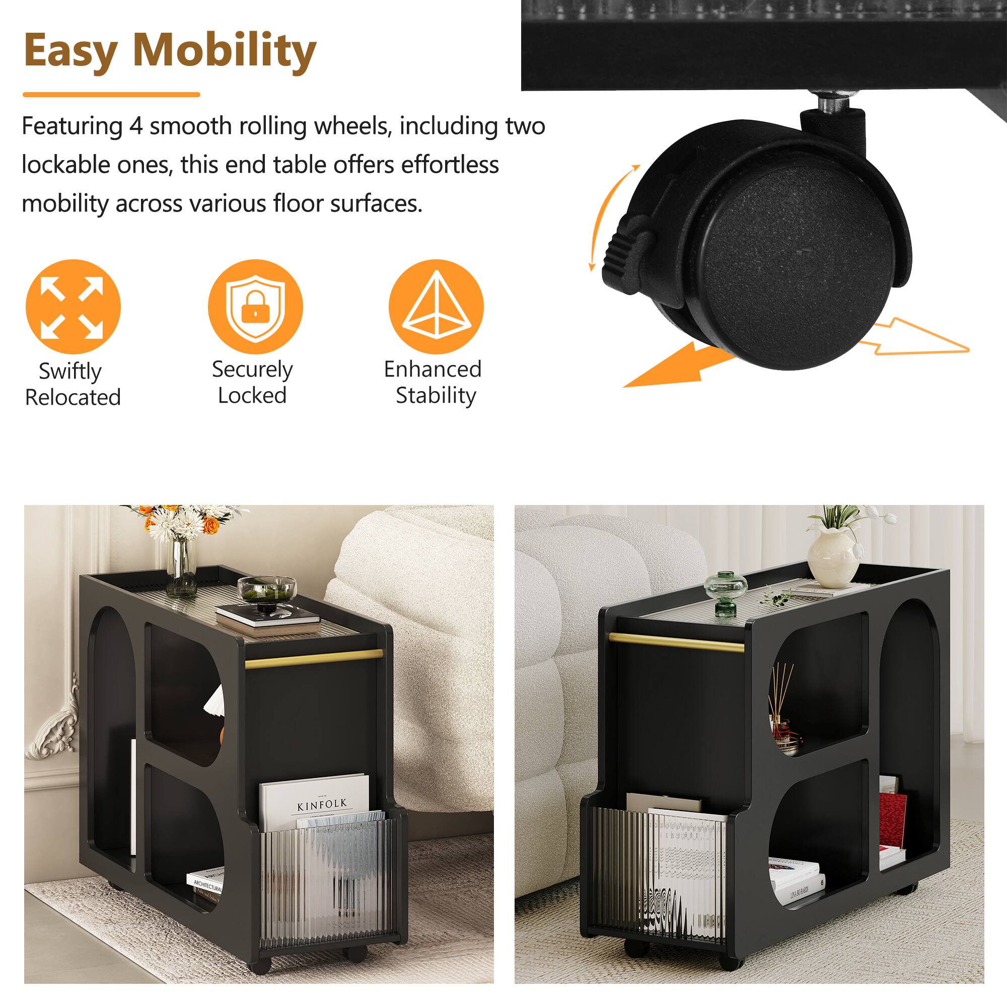 Ecooso Mobile End Table with Lockable Wheels, 5mm Thick Fluted Tempered ...