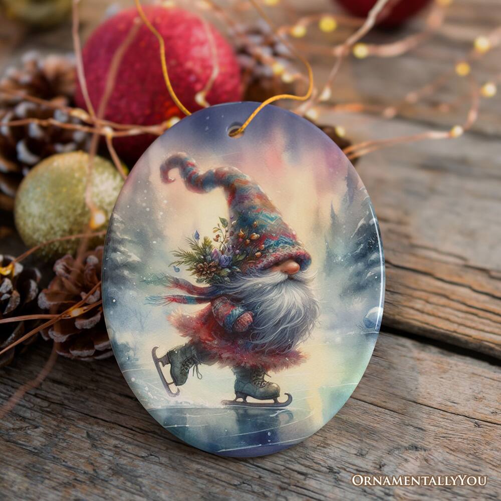 OrnamentallyYou Whimsical Skater Gnome on Ice Ceramic Ornament, Magical ...