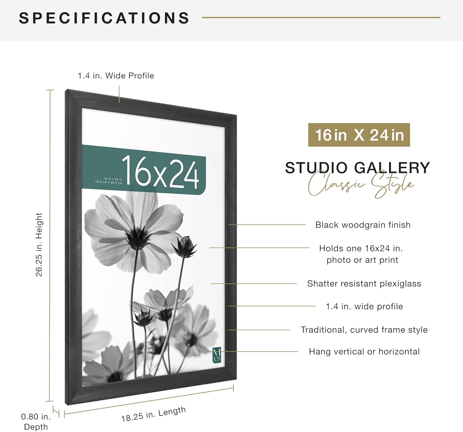 blue MCS Studio Gallery Classic 16x24 Poster Frame Black Woodgrain, Vertical & Horizontal Wall ...