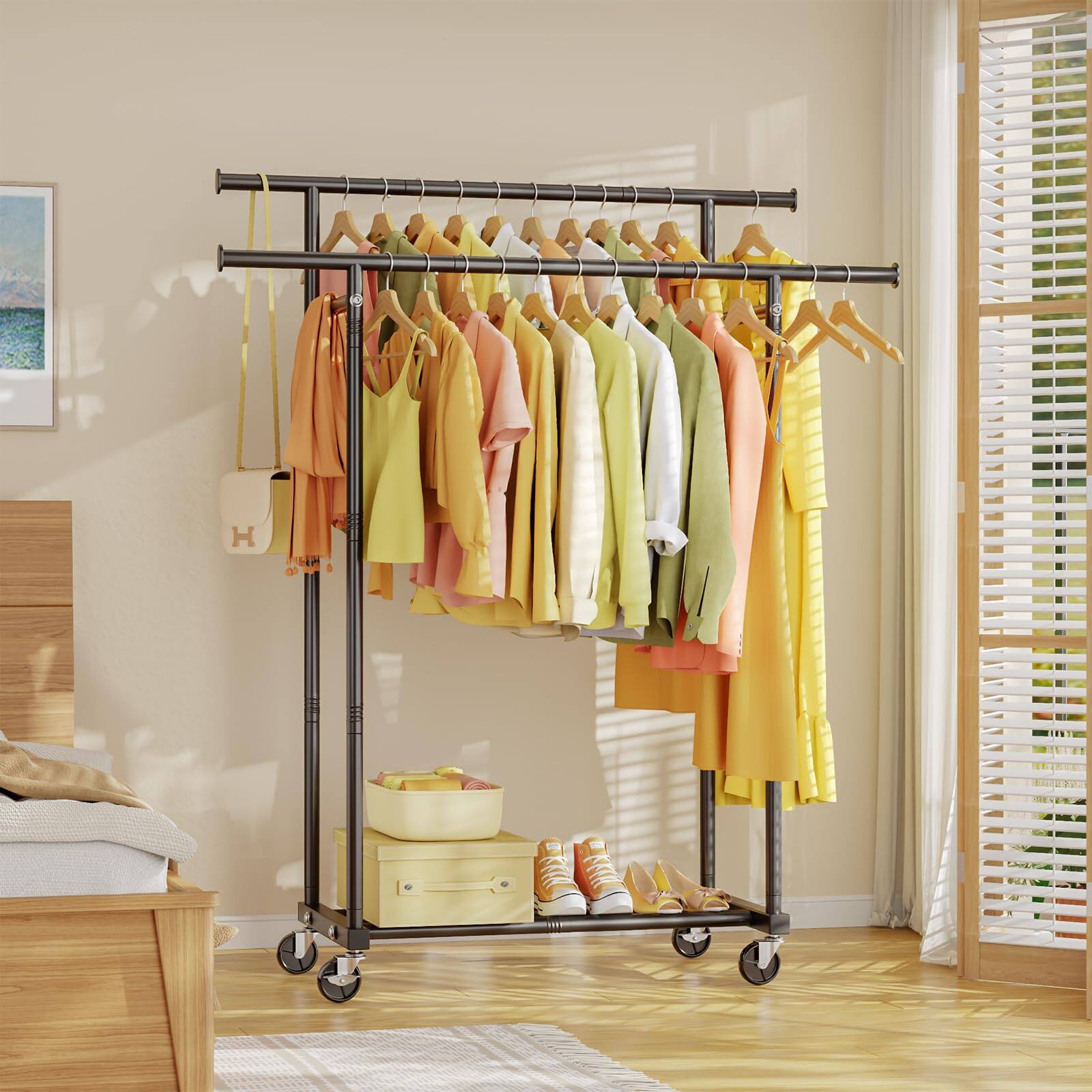 Hirose Alice Double Rods Clothes Rack Rolling Clothing Rack for Hanging ...