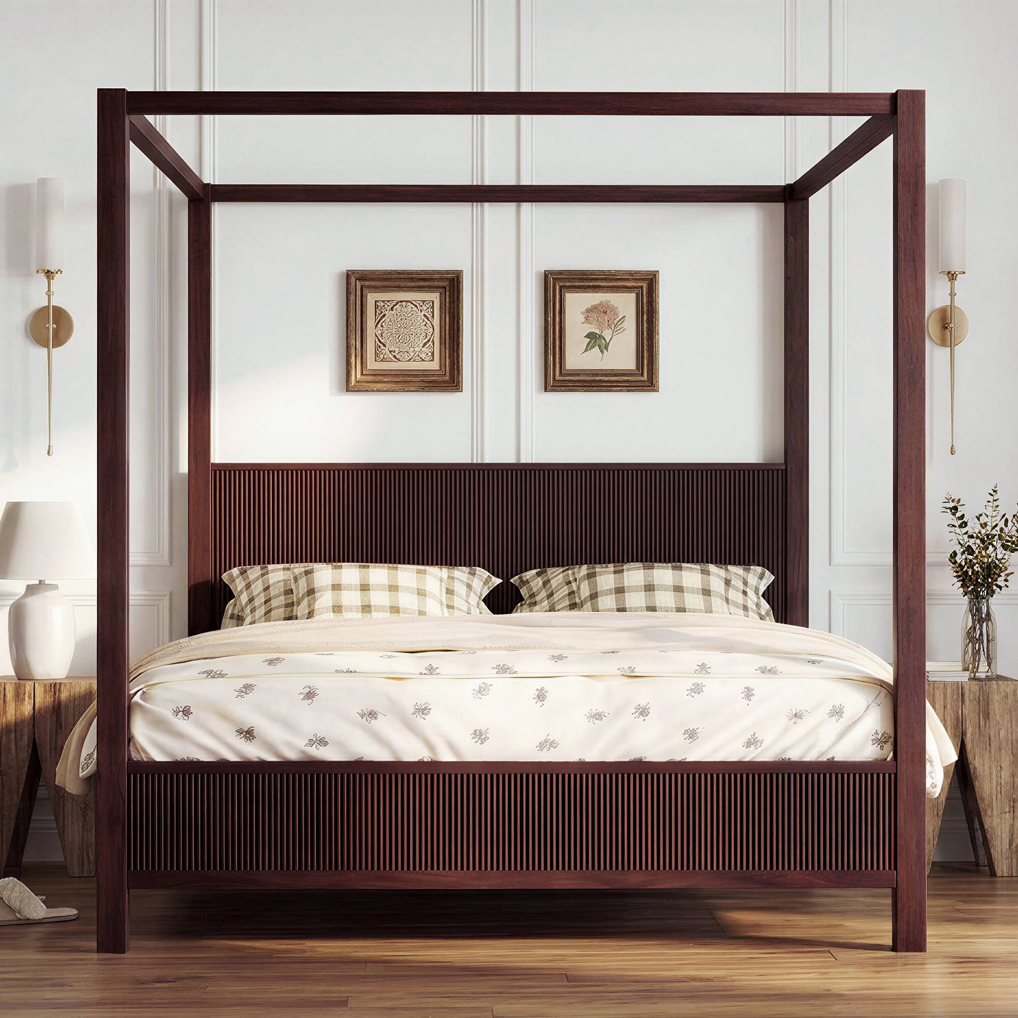 Whisen King Size Wooden Canopy Platform Bed with Support Slats for ...