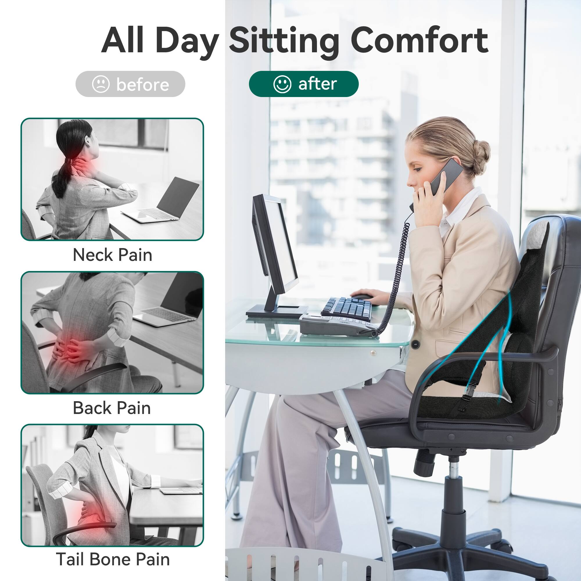 Snailax Memory Foam Office Chair Cushion with Lumbar Support Pillow ...