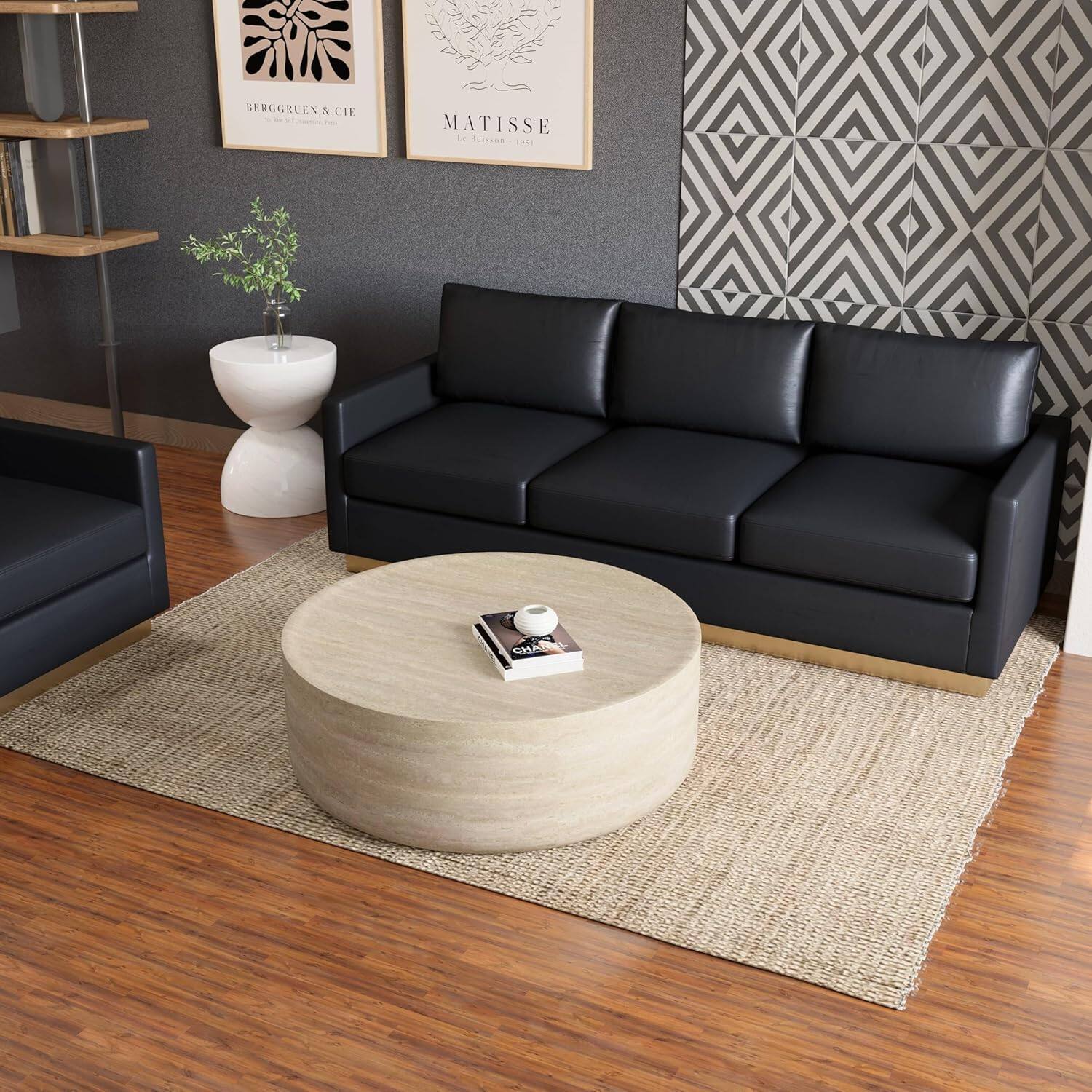LeisureMod Sandy 32" Round Fiberstone Coffee Table, Modern Indoor ...