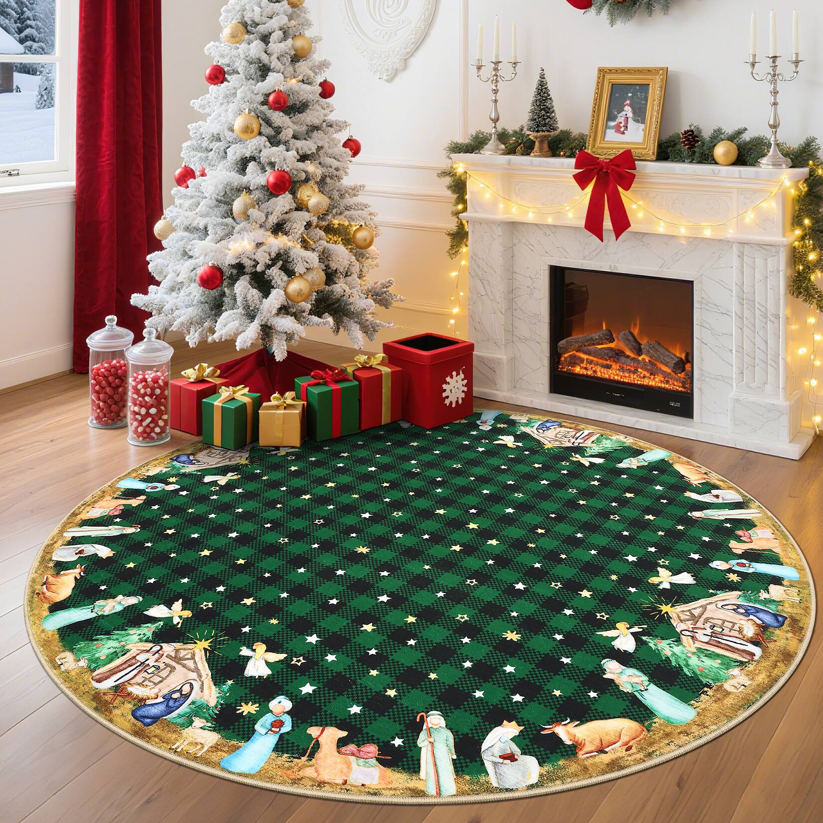 Jojoka 3x3 ft Christmas Round Rug, Nativity Plaid Print, Washable, Non ...