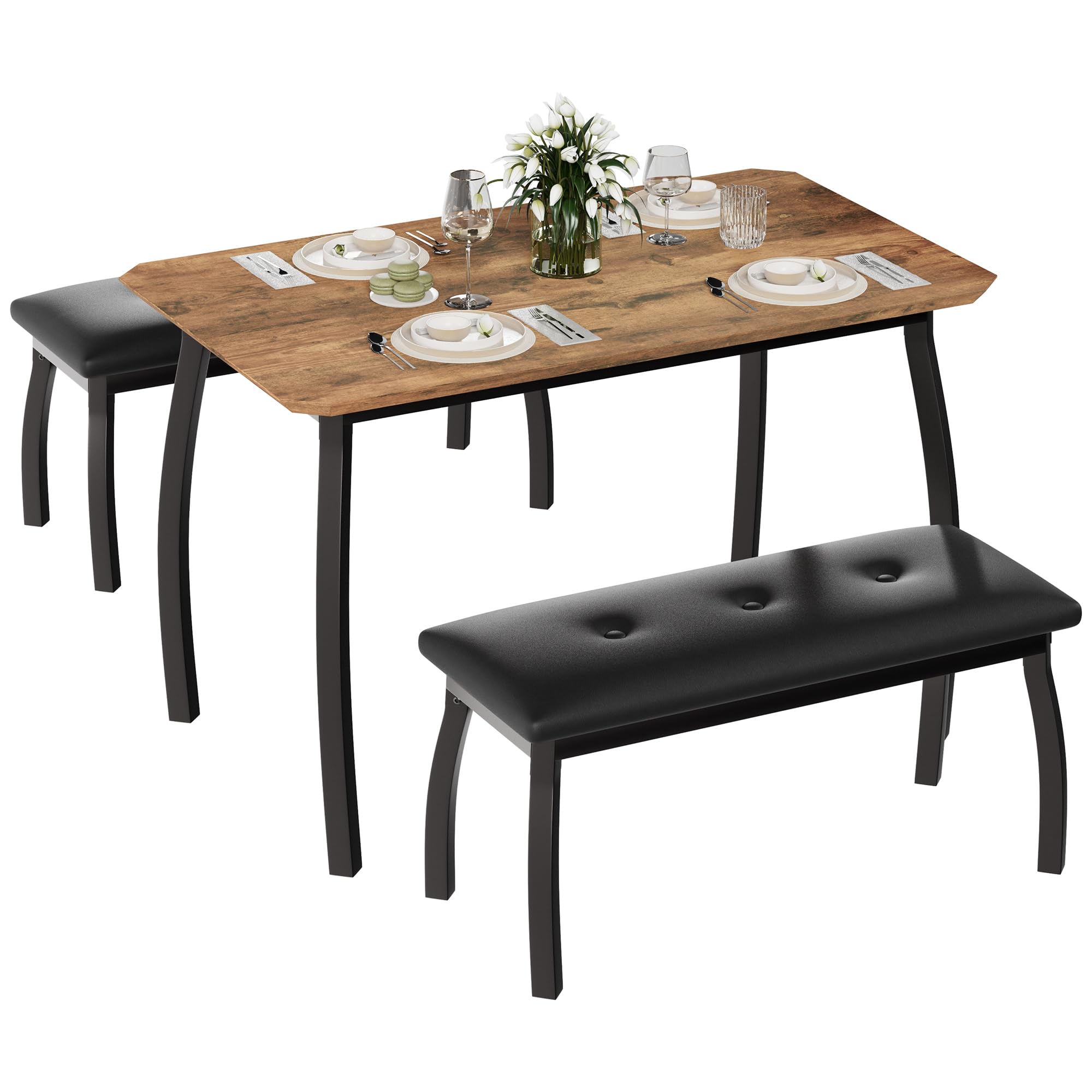 Acekool Dining Table Set for 4, 3 Piece Wooden Kitchen Table with 2 ...