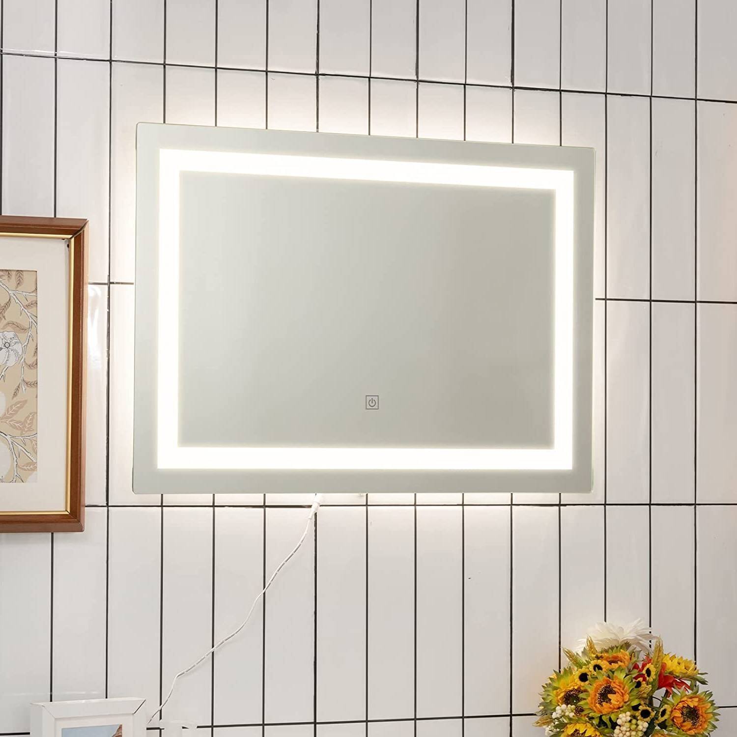 Hivvago Modern LED Lighted Mirror Dimmable Wall Mounted Bathroom Vanity 27 x 20 inch Silver ...