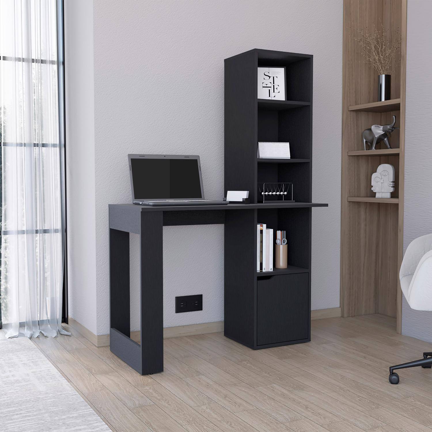 TuHome Iowa Computer Desk With 1 Cabinet And 4 Tier Bookcase Black ...