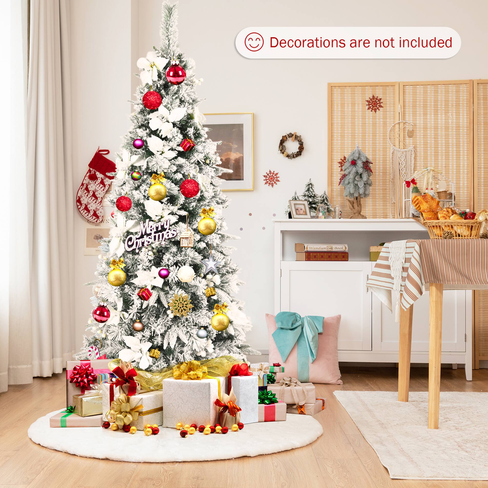 Gymax 6 FT Artificial Snow Flocked Pencil Christmas Tree w/ Berries ...