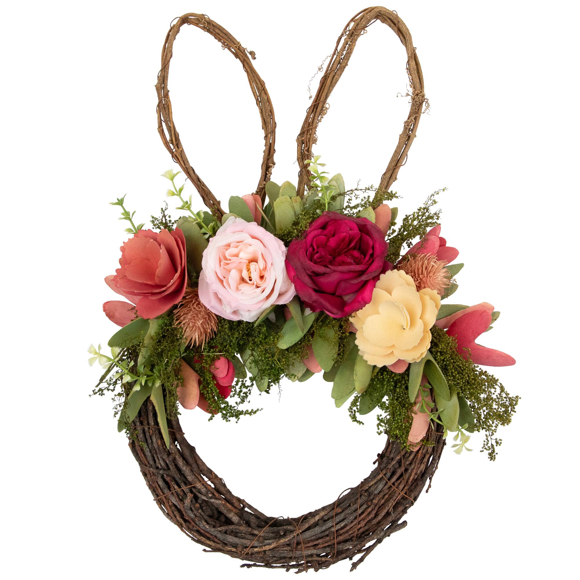 Northlight Wooden Floral Easter Bunny Ears Twig Wreath 15" Pink ...