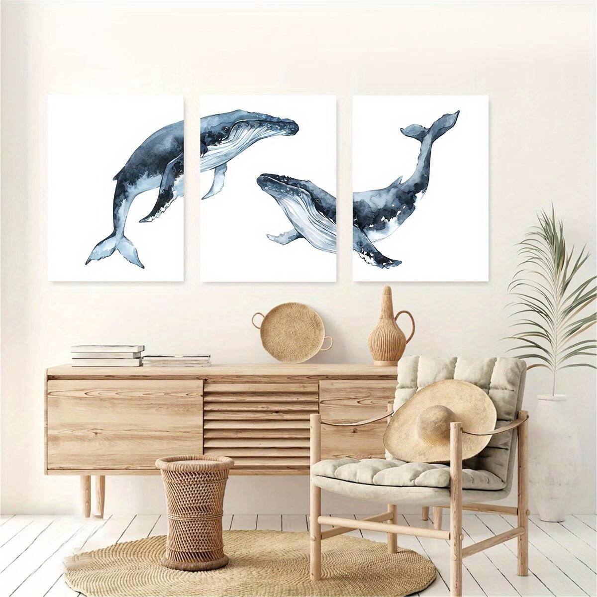blue 3 Piece Set, Humpback Whale Canvas Wall Art, 3D Wooden Frame ...
