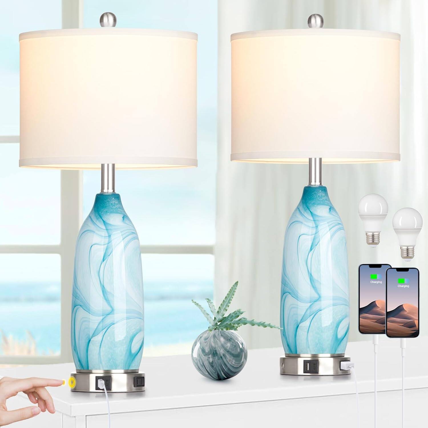 The Best Inks Blue white Lamp Night Light USB Touch Crystal Glass ...