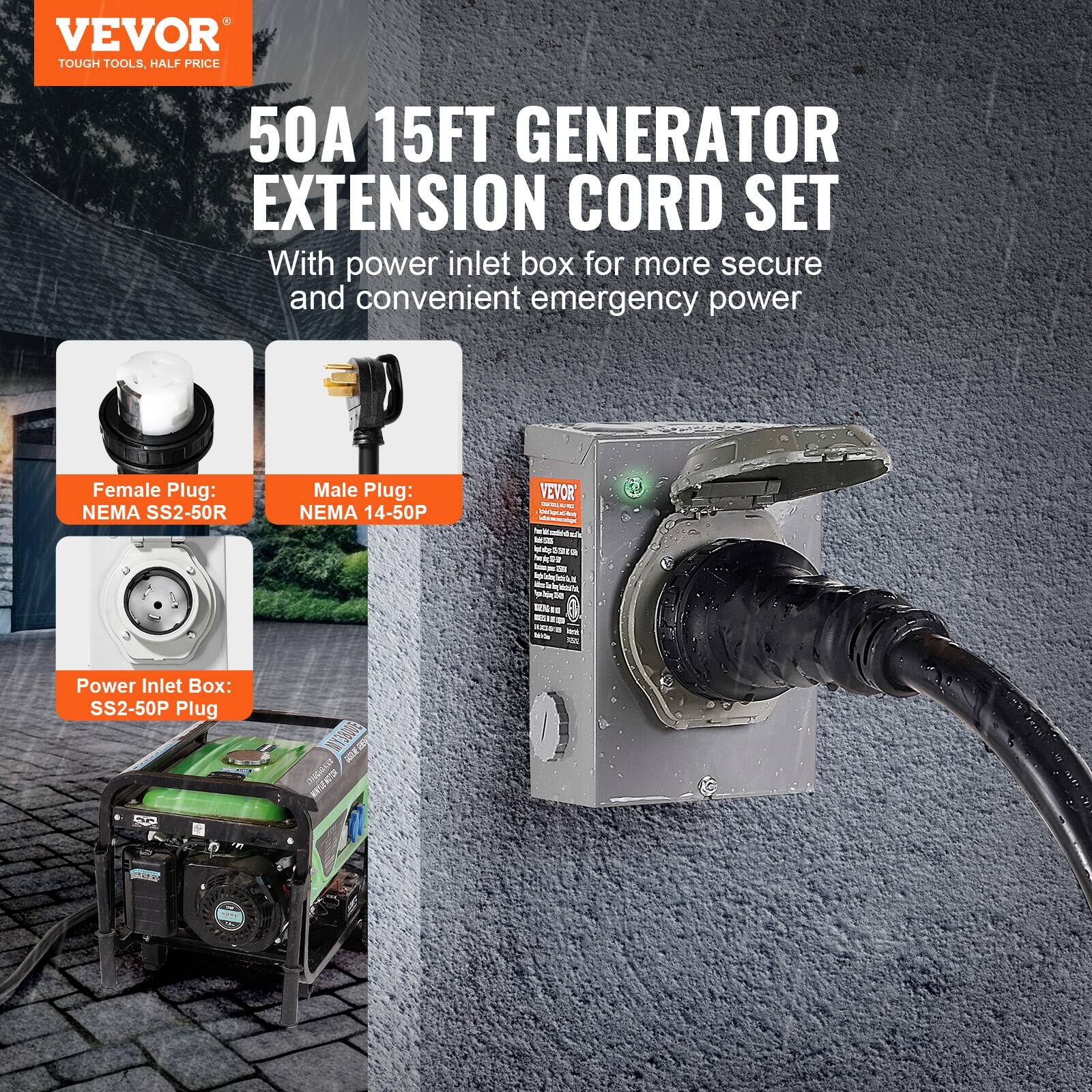 VEVOR 50 Amp Generator Cord and Power Inlet Box Kit, 15FT, NEMA 14 50P ...