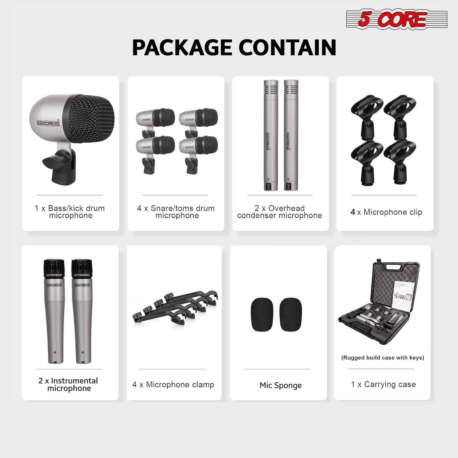 5 CORE Drum Microphone Kit 9Pc All Metal Drummer Mics Tom/Snare ...