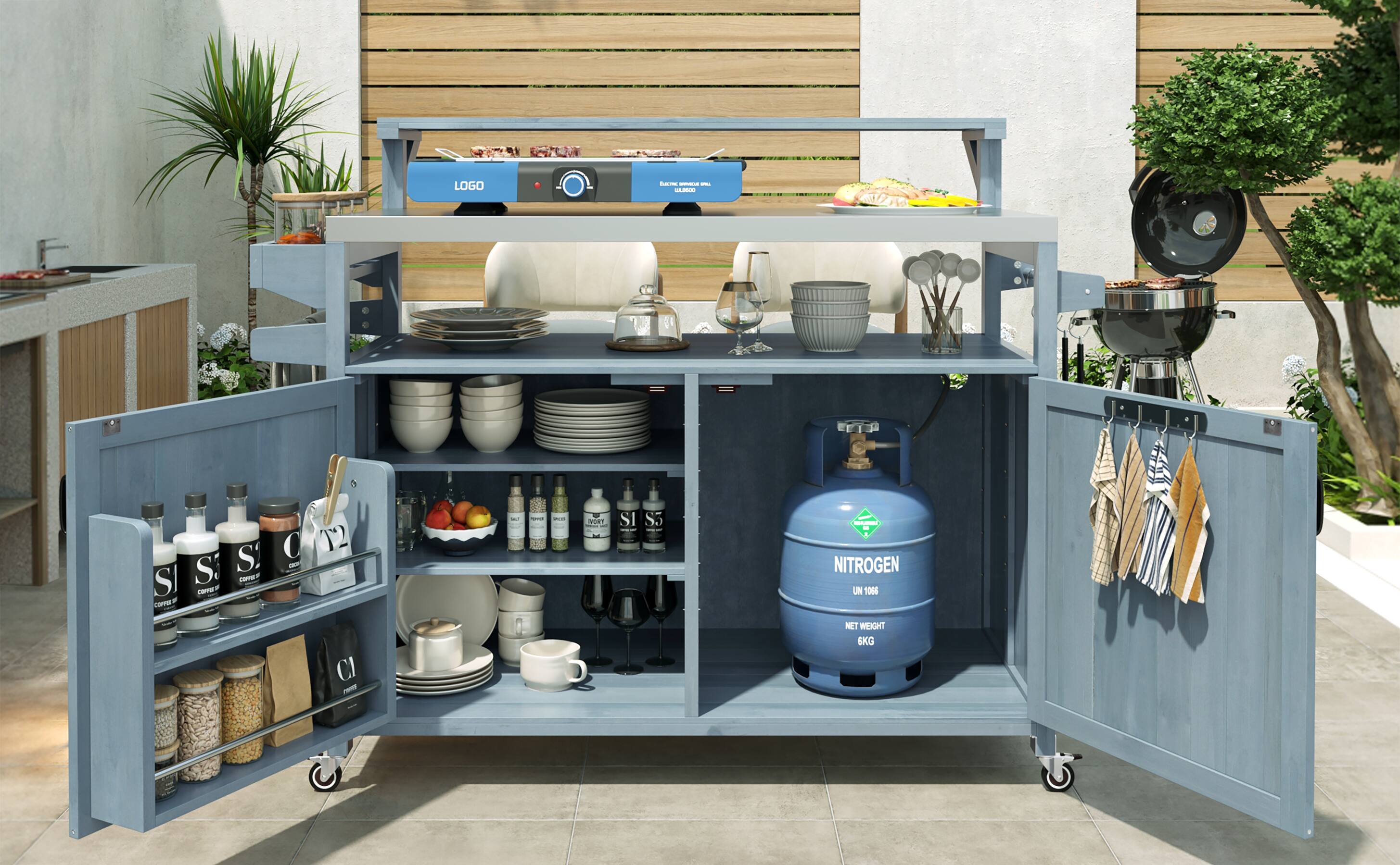 PexFix 53.3" Outdoor Kitchen Island with Raised Shelf & Stainless Top ...