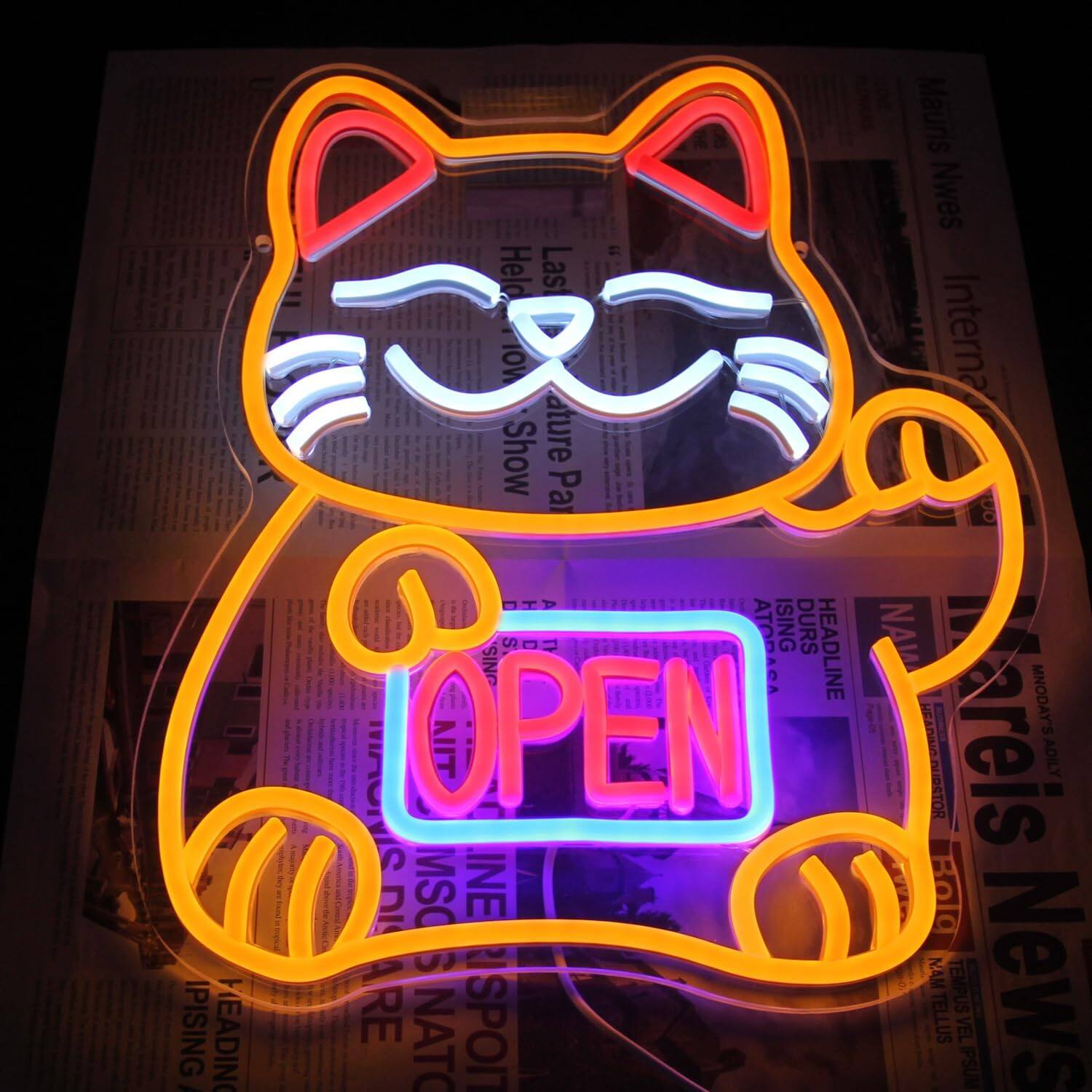 Auledio Lucky Cat Neon Sign Open LED Signs for Fortune Cat Neon Light ...