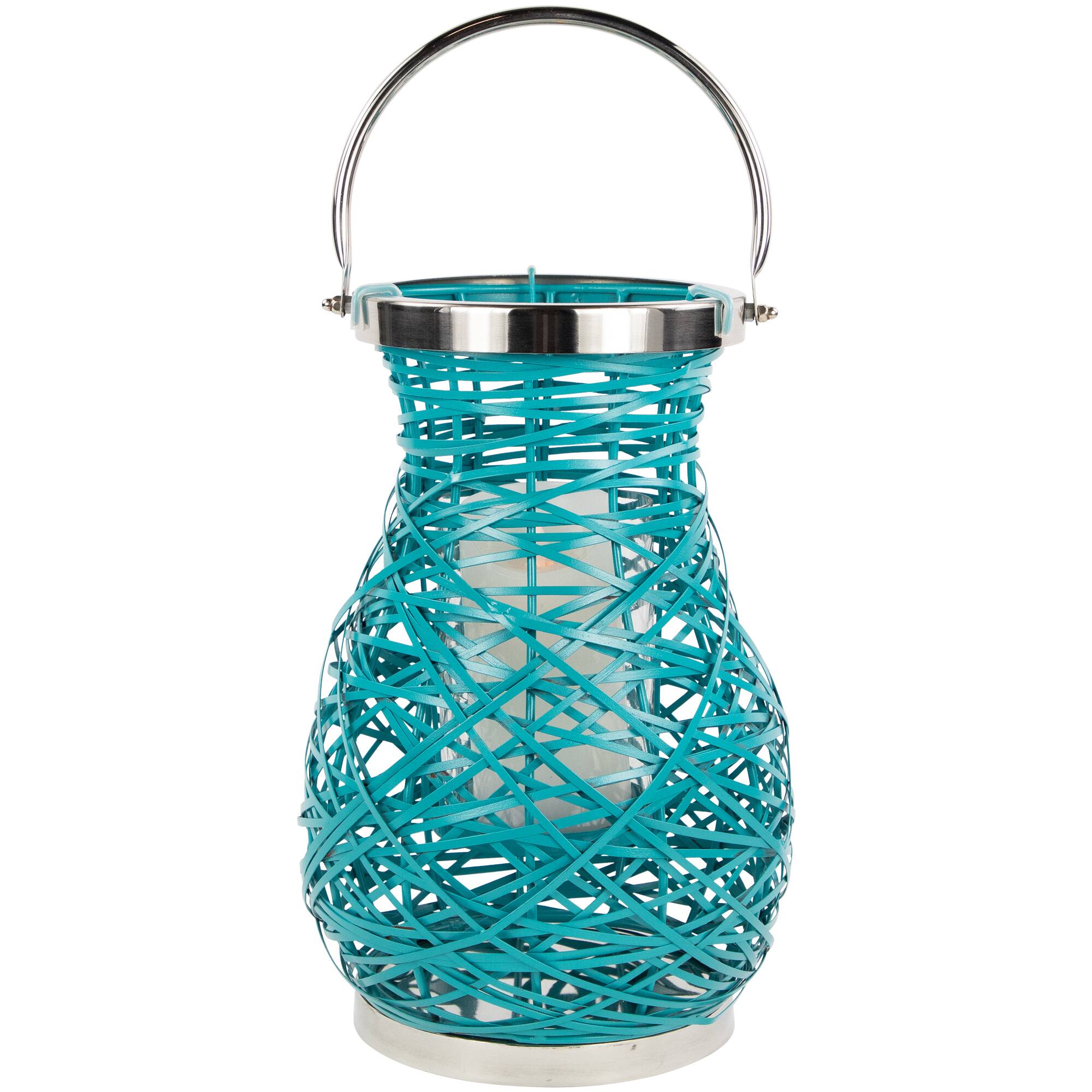 Northlight Woven Iron Hurricane Pillar Candle Lantern 13.5" Turquoise ...