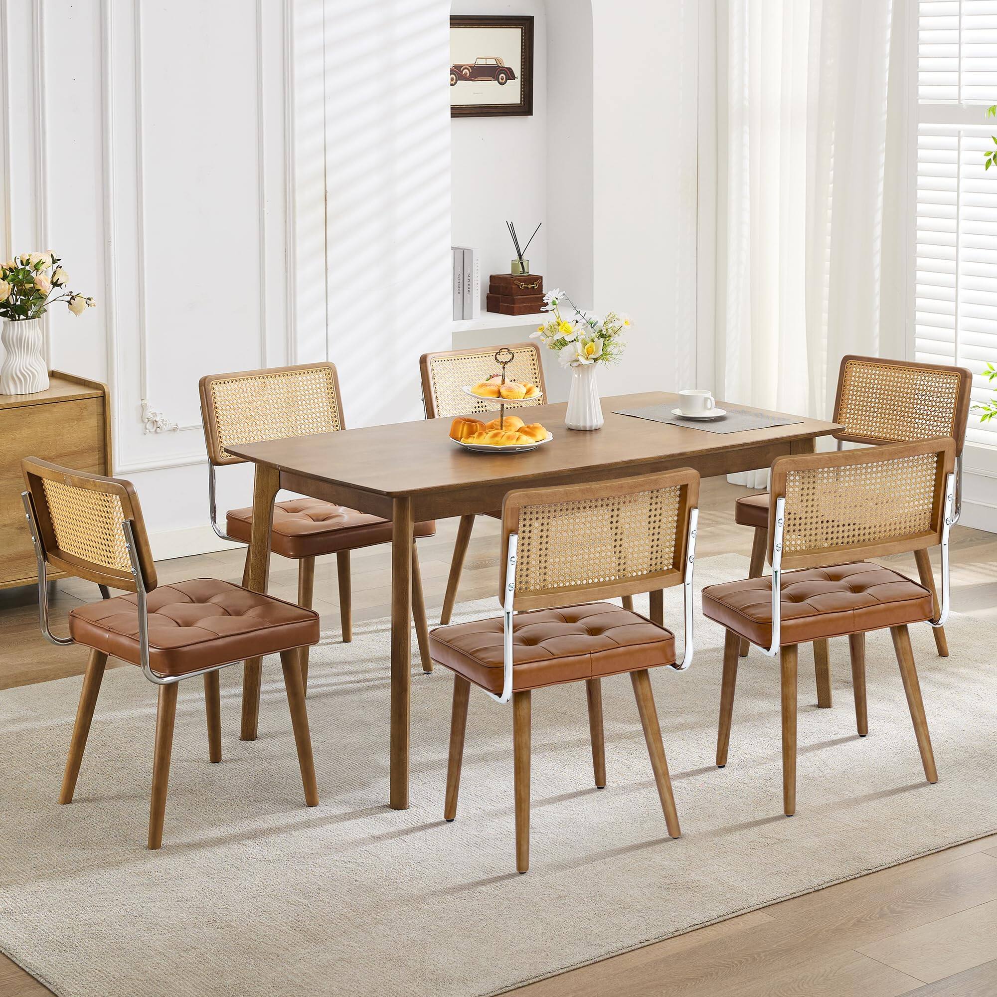 Acekool Natural Rattan Dining Chairs Set of 6, Upholstered Seat & Solid ...