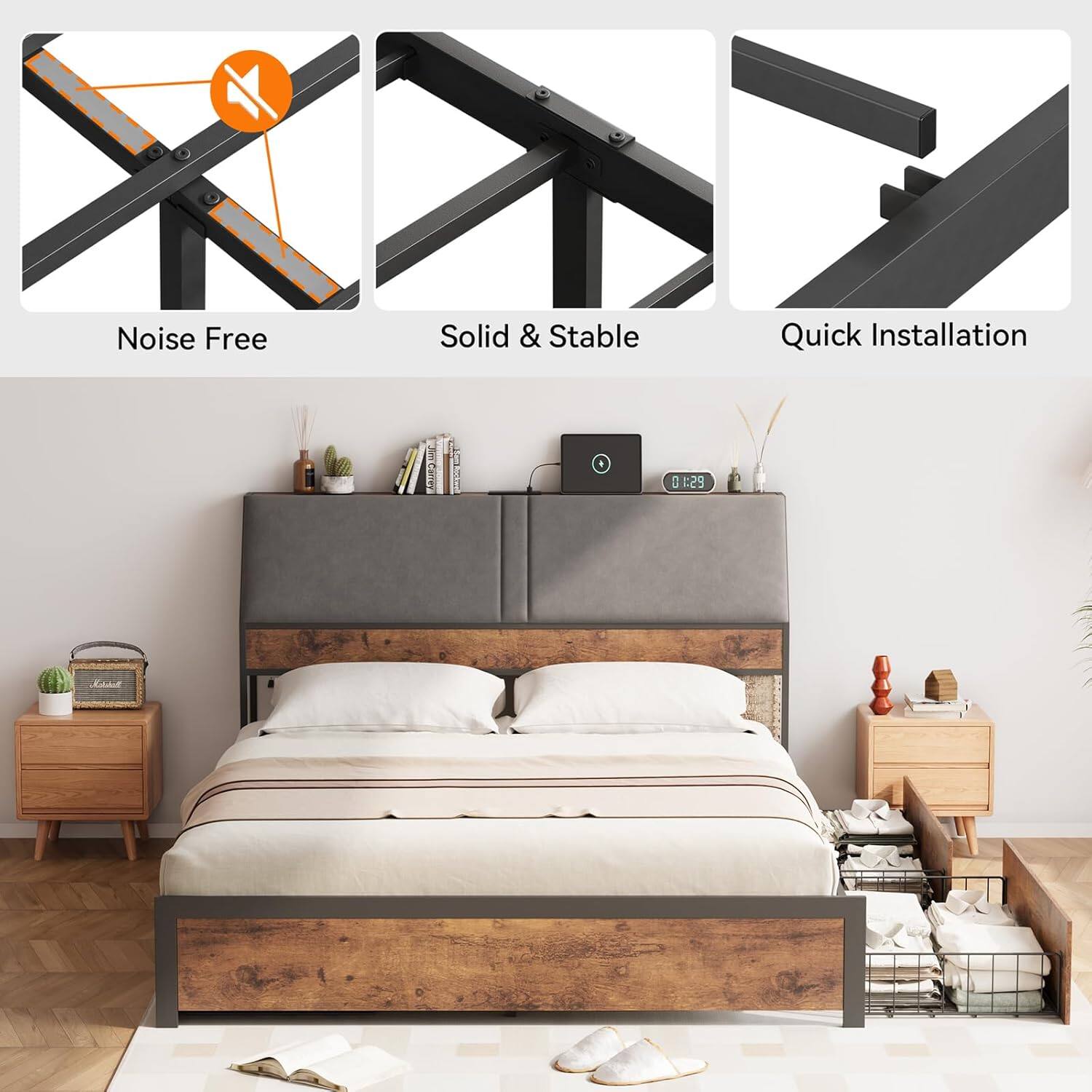 Jojoka Queen Platform Bed Frame w/ Ergonomic Upholstered Headboard ...