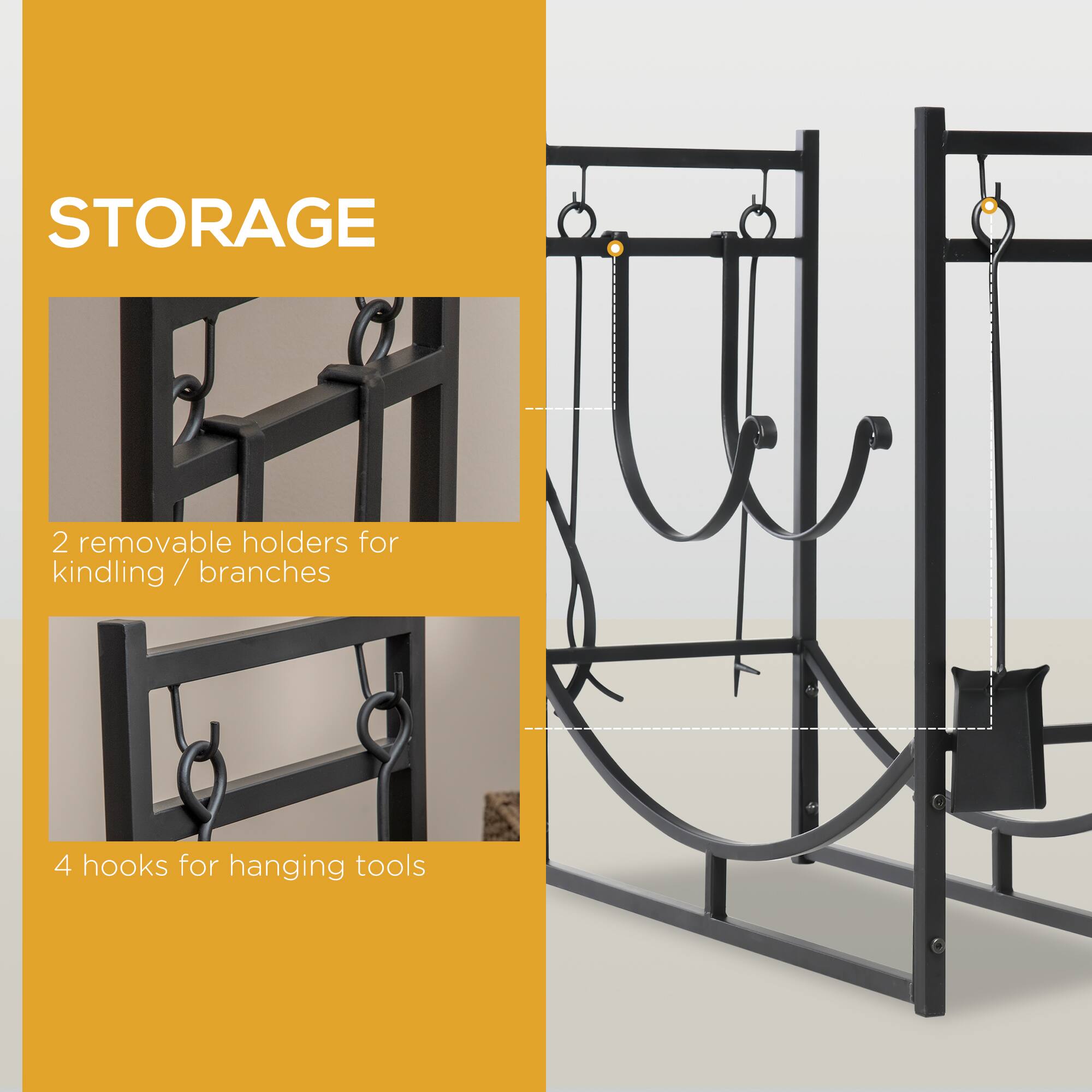 Outsunny 33" Firewood Rack Outdoor Indoor with 4 Piece Fireplace Tools, Firewood Holder with 2 ...