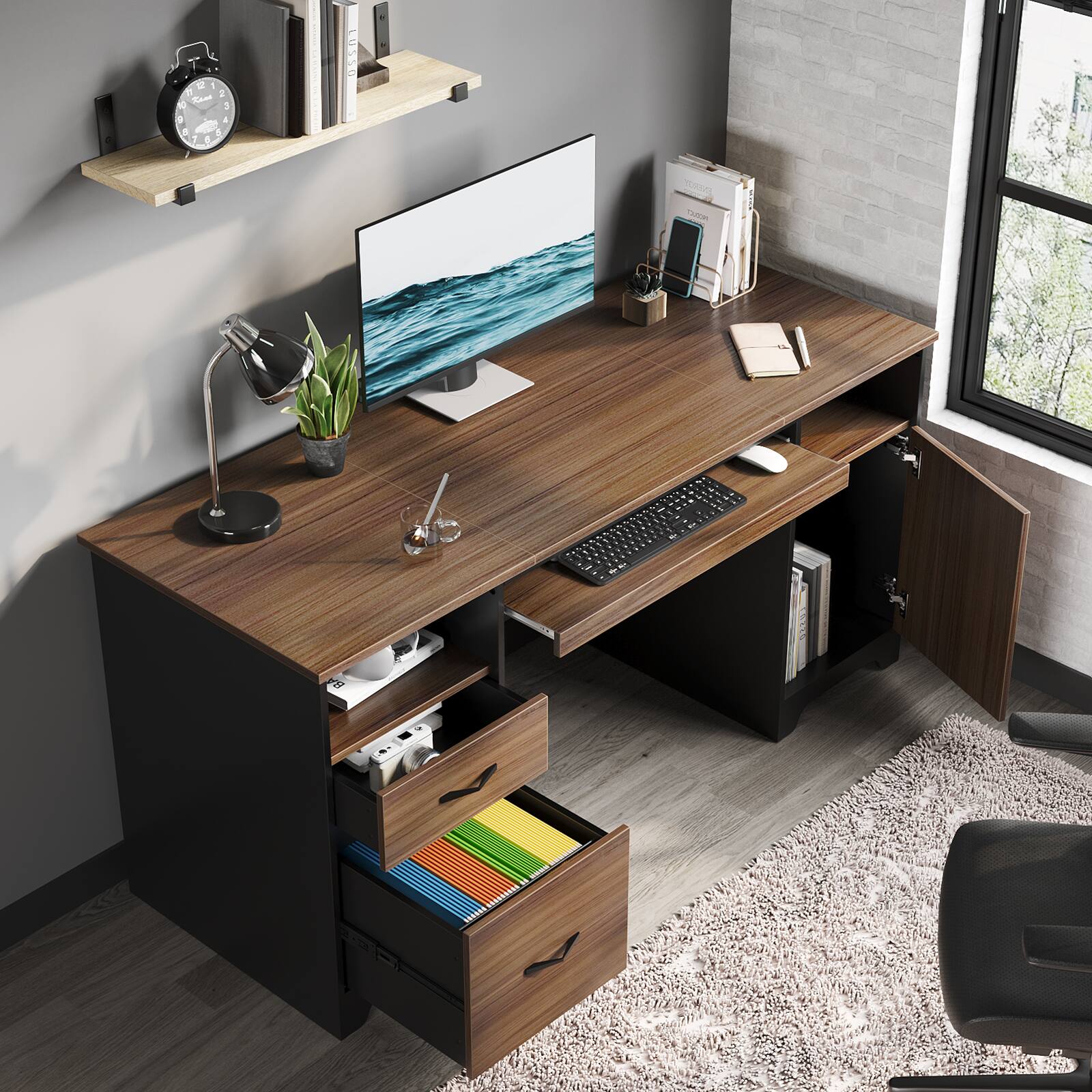 Bestier Executive Desk with File Drawer, Storage Drawers, and Cabinet ...