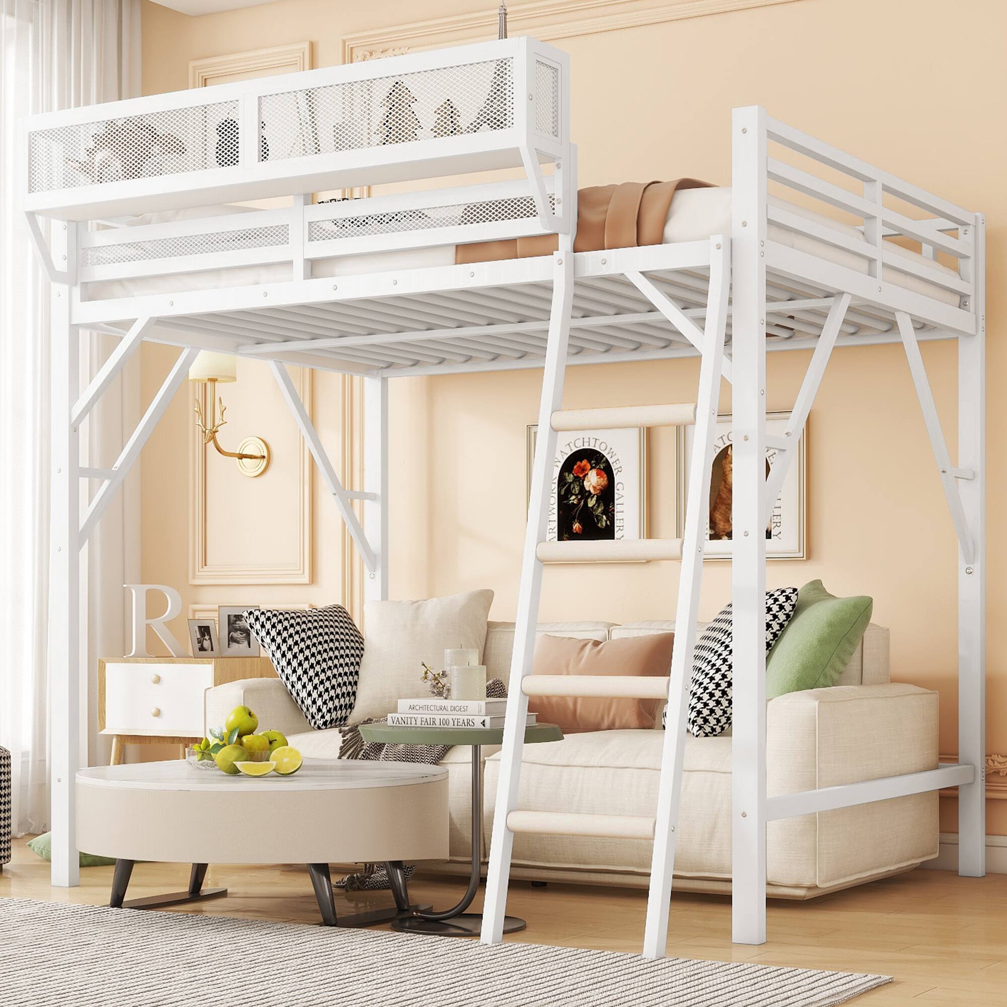 TinyHomie Queen Size Loft Bed with Ladder Metal Queen Loft Bed with ...