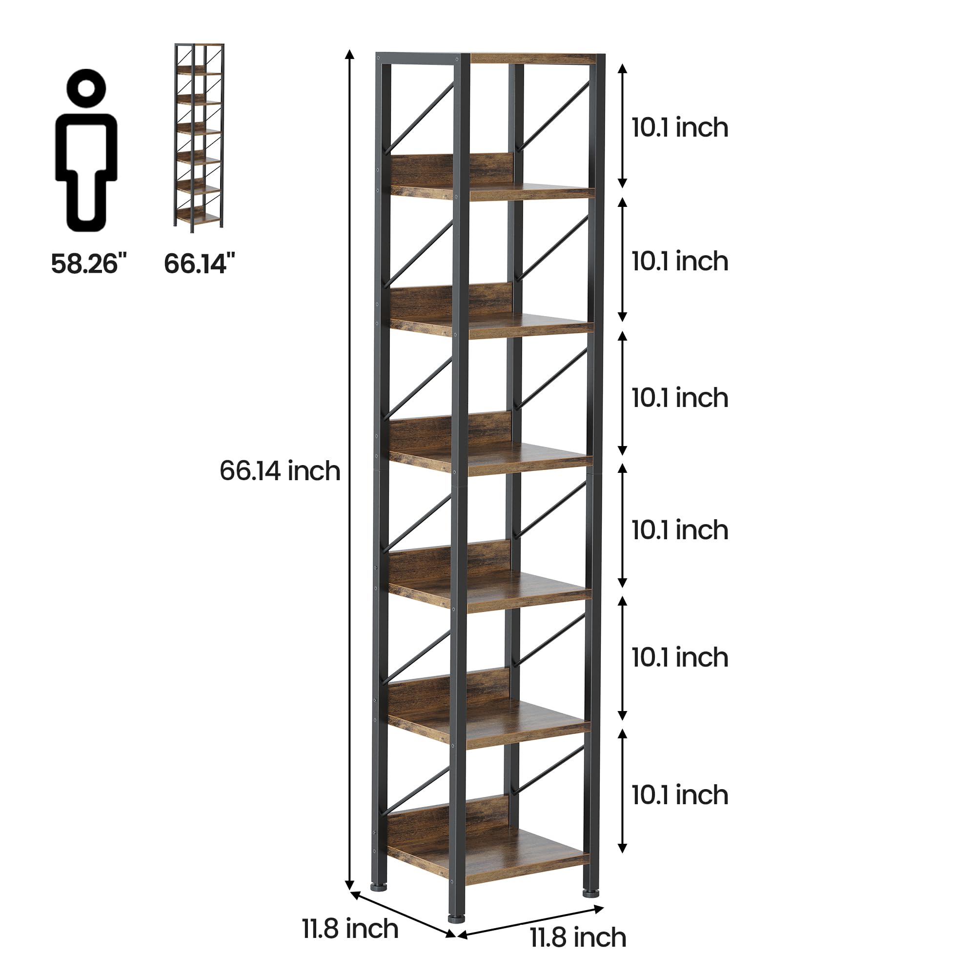Jojoka Narrow Bookshelf, 6 Tier Tall Skinny Bookcase, Rustic Industrial ...