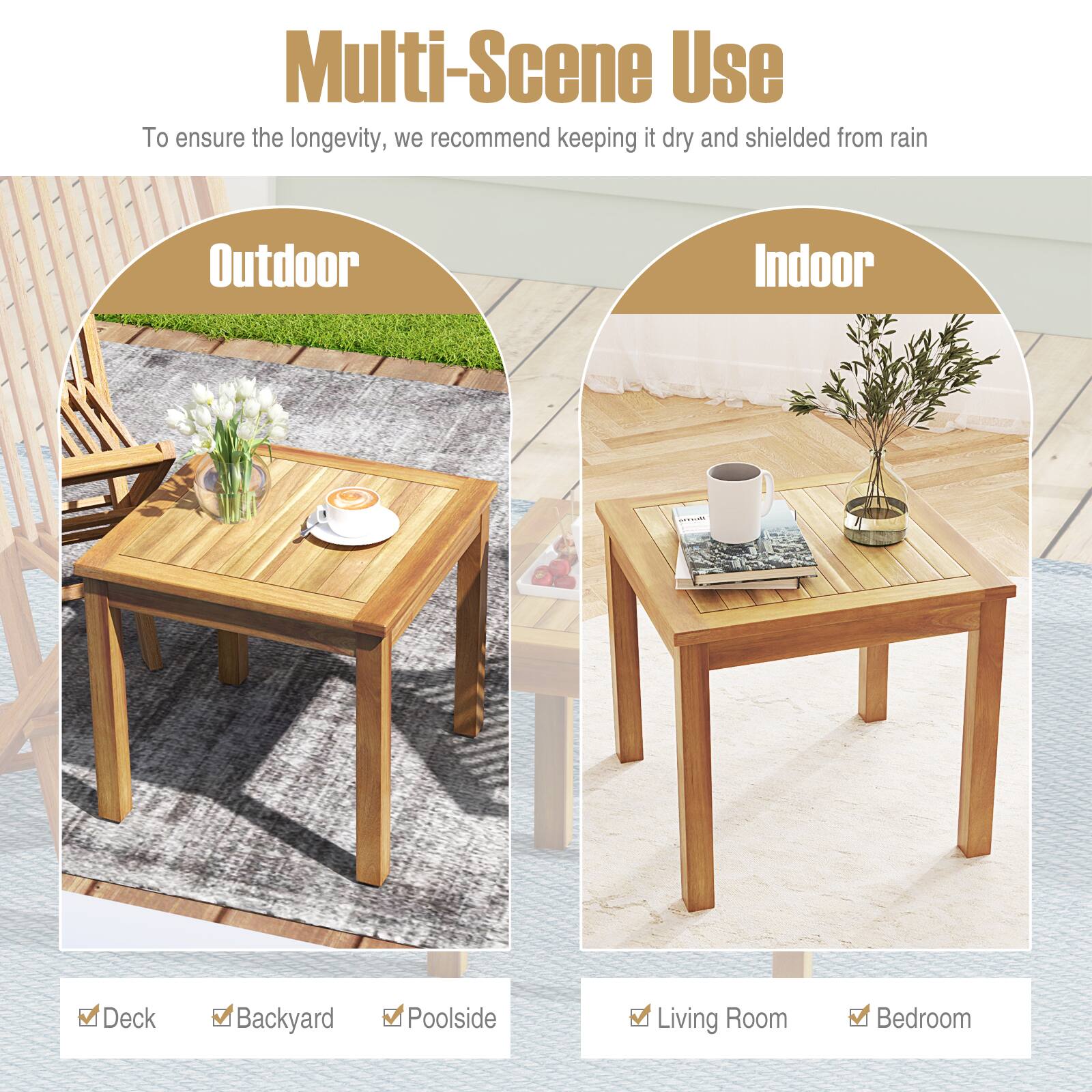 Gymax Outdoor Square Teak Wood End Table Coffee Table for Porch Deck Garden Patio Natural ...