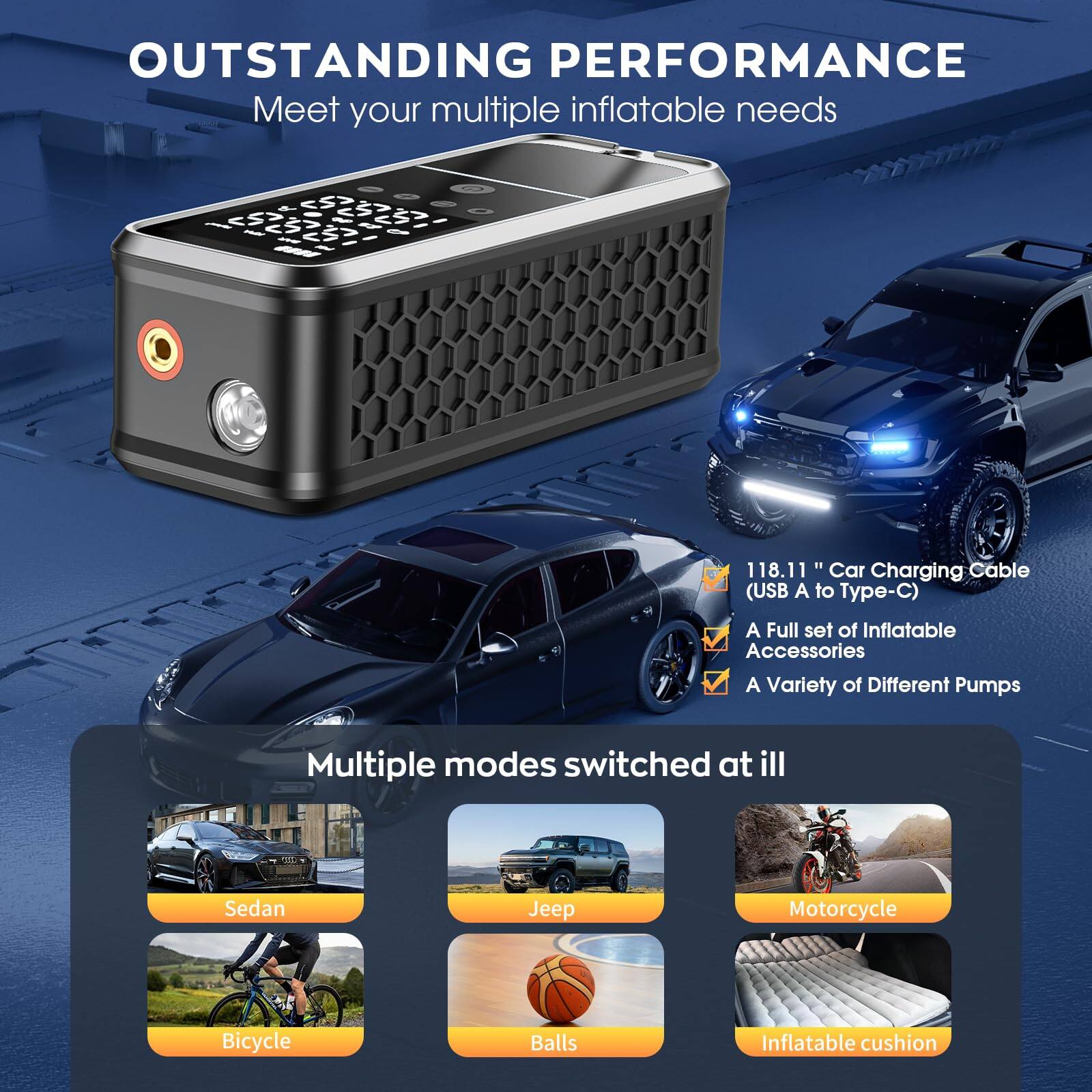 JETRANSPORT 160psi Tire Inflator Portable Air Compressor 6000mah Cordless Pump For Car Tires ...