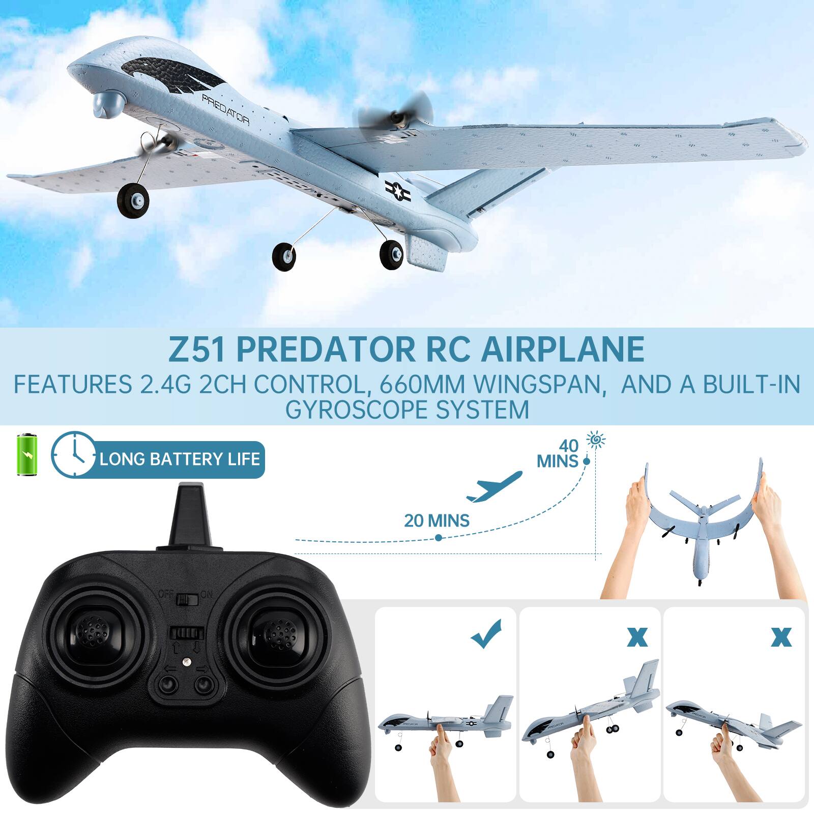 Topteng Z55 3CH RC Airplane with 2 Batteries EPP Foam Glider, 25min ...
