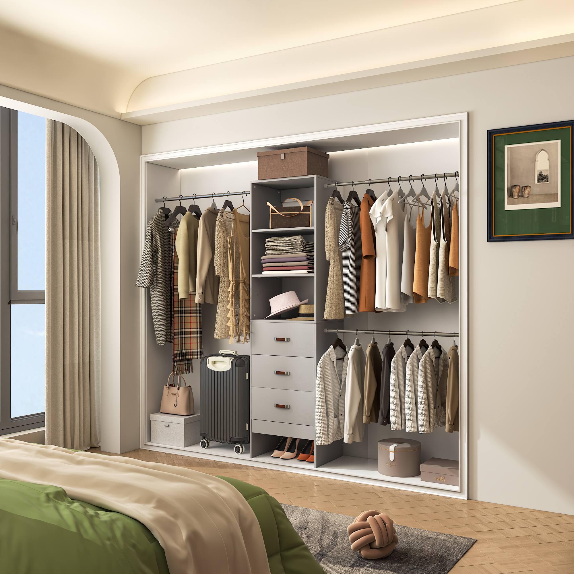 Aheaplus 96 inch Closet System: 3 Hanging Rods & 3 Wooden Drawers ...