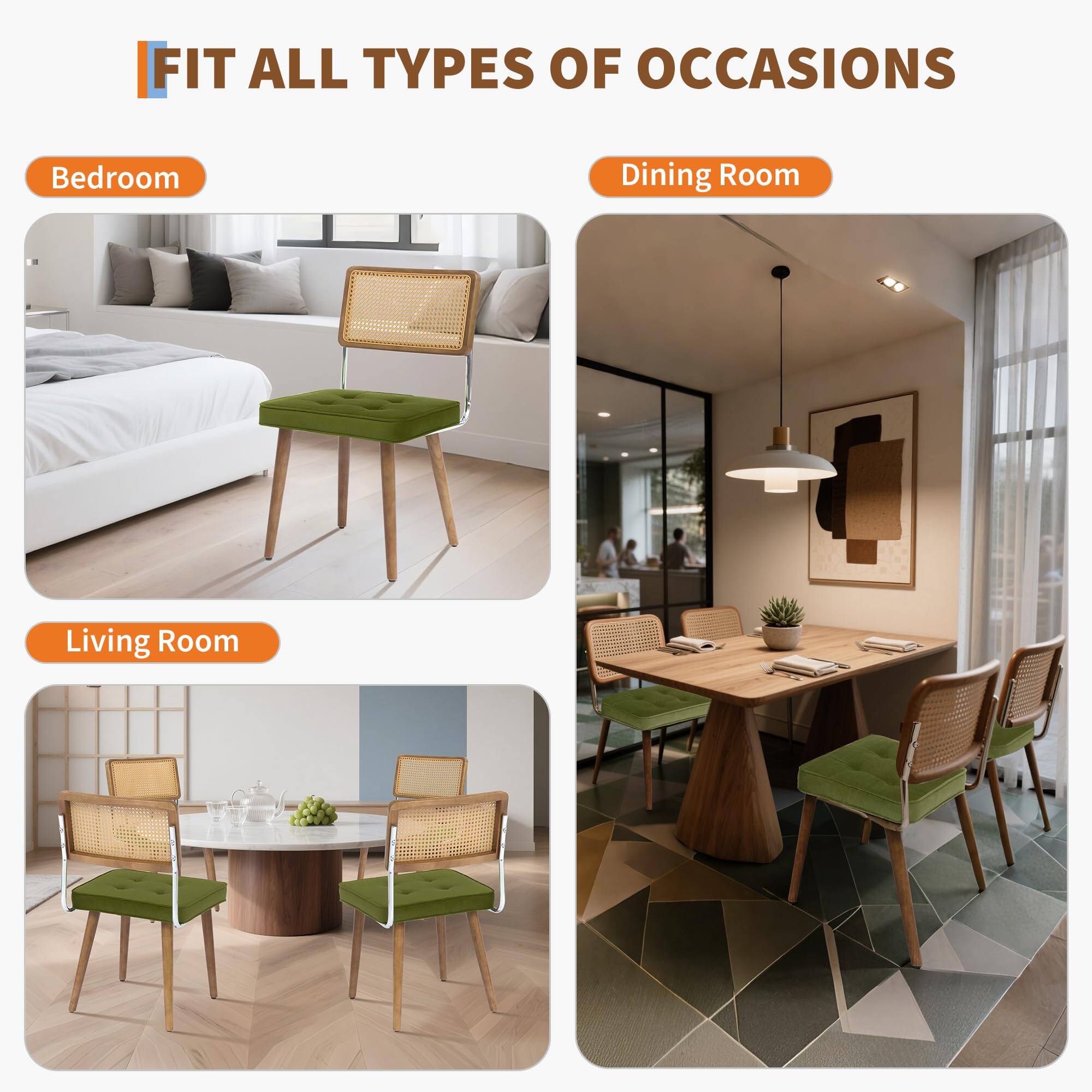 Jojoka Natural Rattan Dining Chairs Set of 6, Upholstered Seat & Solid ...