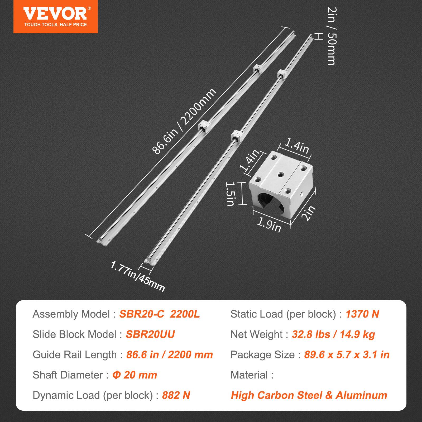 VEVOR Linear Motion Set, SBR20 2200mm, Comes with Two 86.6 inch SBR20 ...