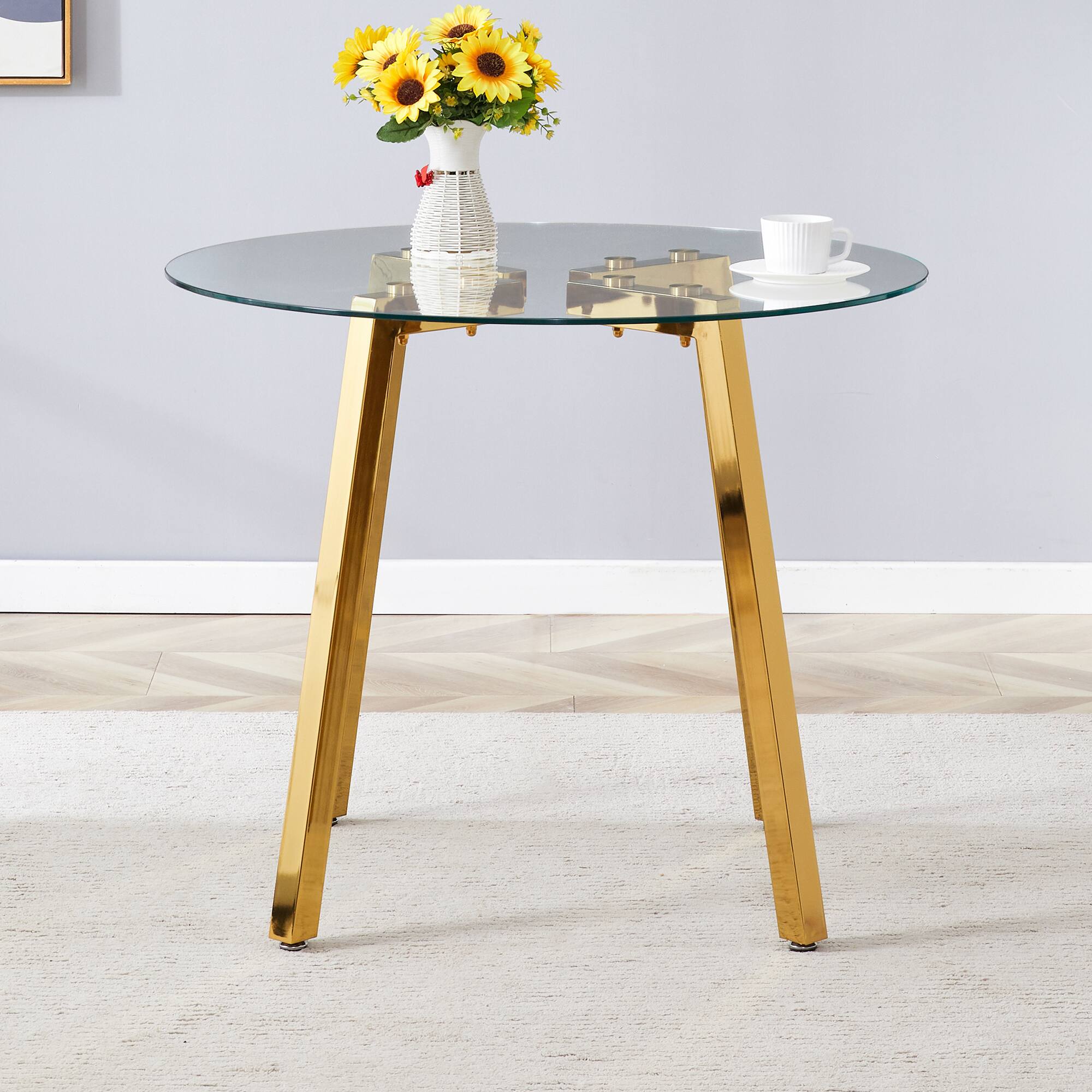 TinyHomie Modern Luxurious Round Tempered Glass Dining Table Gold 7 ...