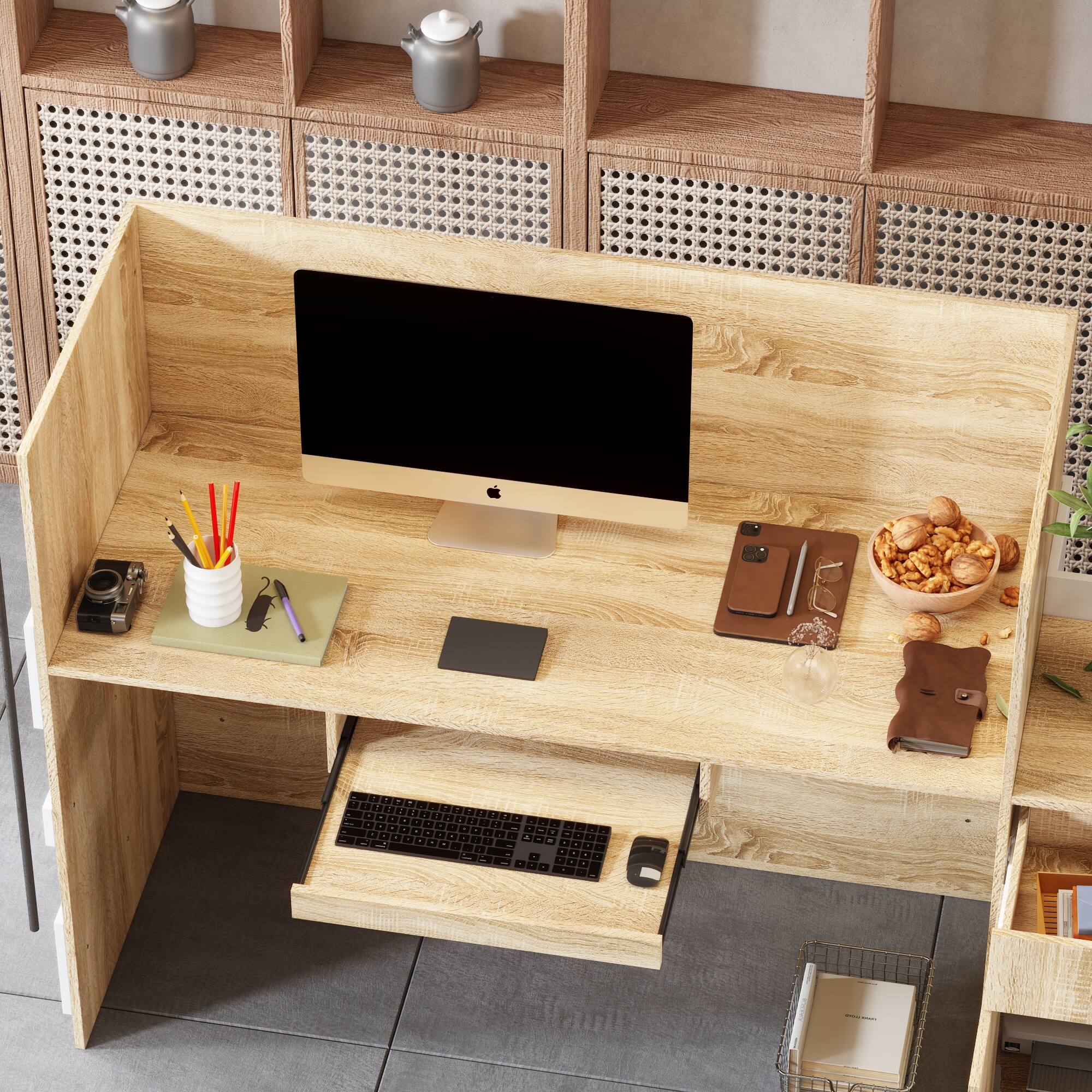 Famapy Modern Wood Office Desk & Reception Counter: Organized Storage ...