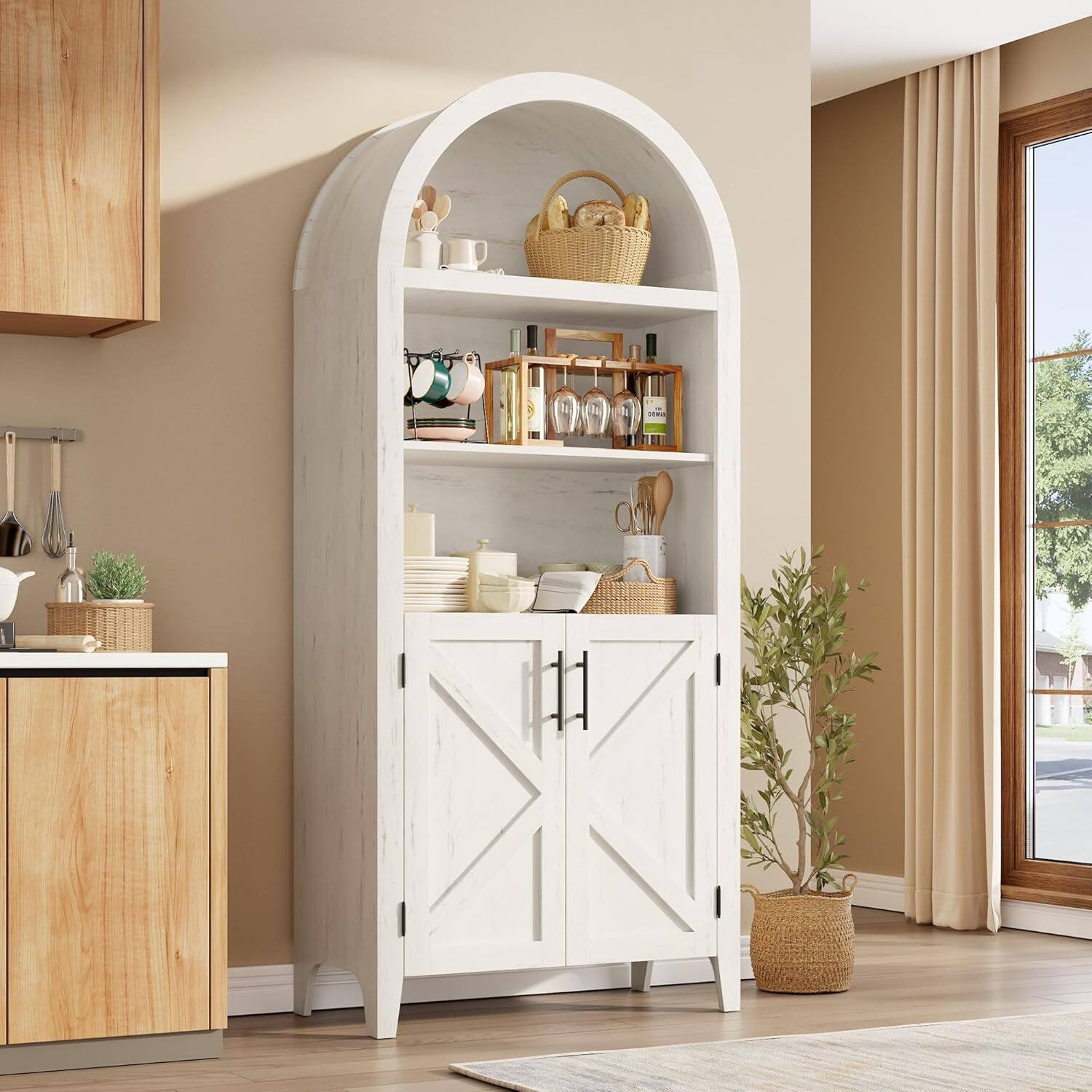 Homhougo Arched Kitchen Pantry Cabinet, 5 Tier Open Shelf with Textured ...