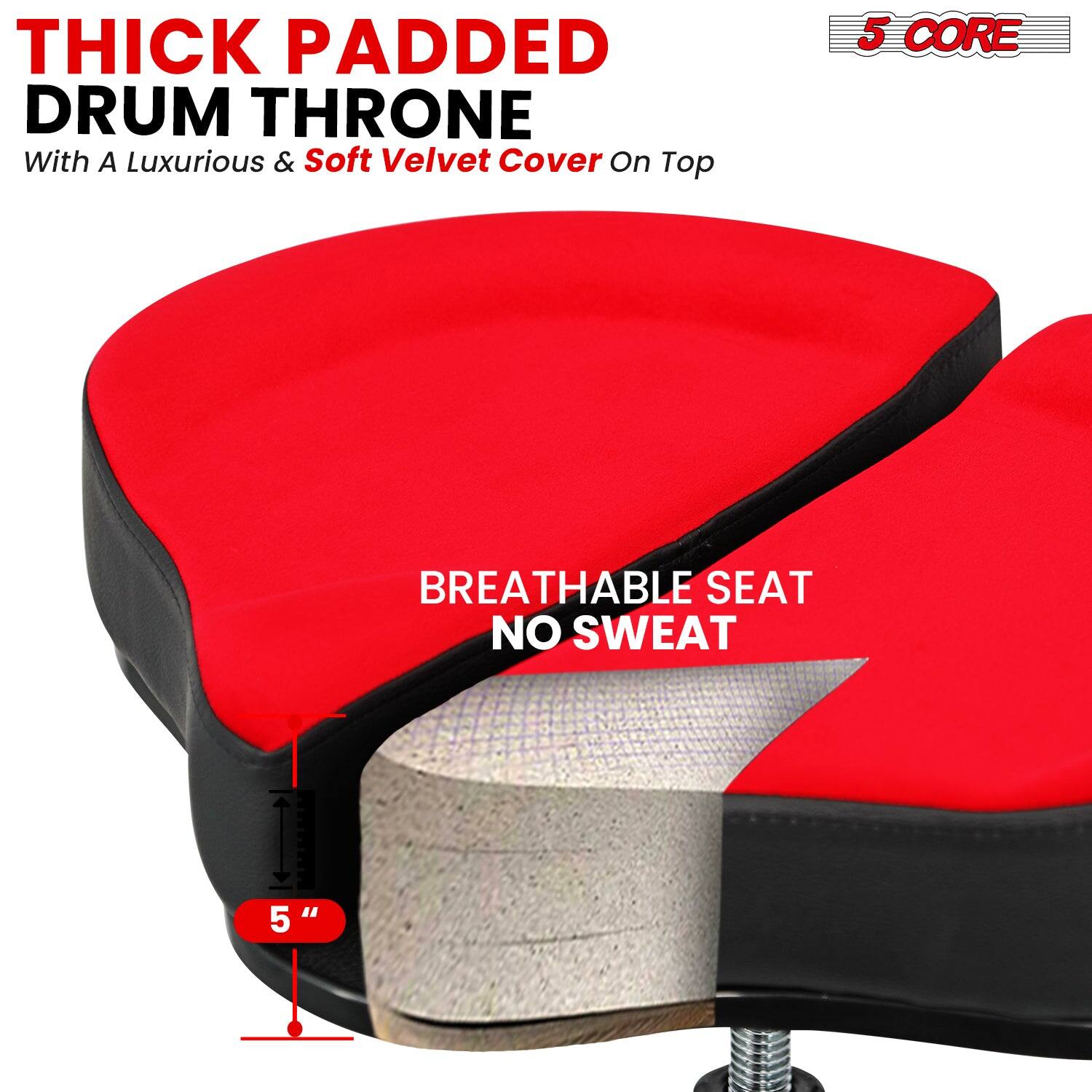 5 CORE Drum Throne 5" Padded Stool 441Lb Capacity w Backrest Red DS GT ...