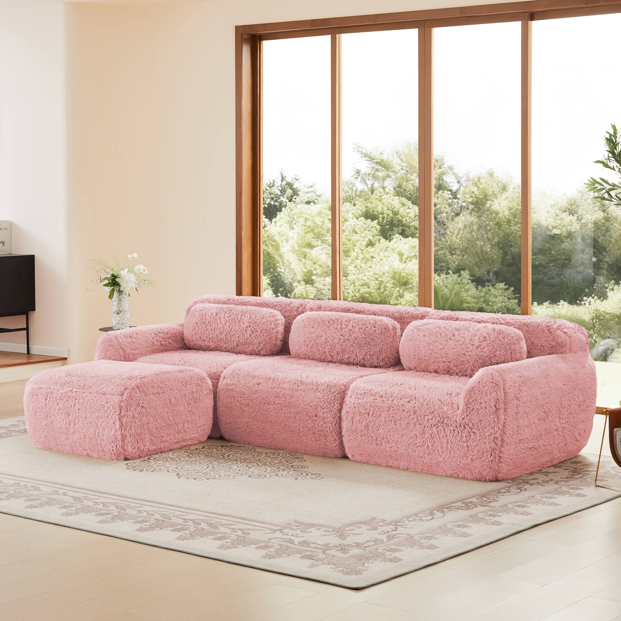 Aukfa L Shaped Soft Plush Fabric Boneless Sofa with Throw Pillows ...