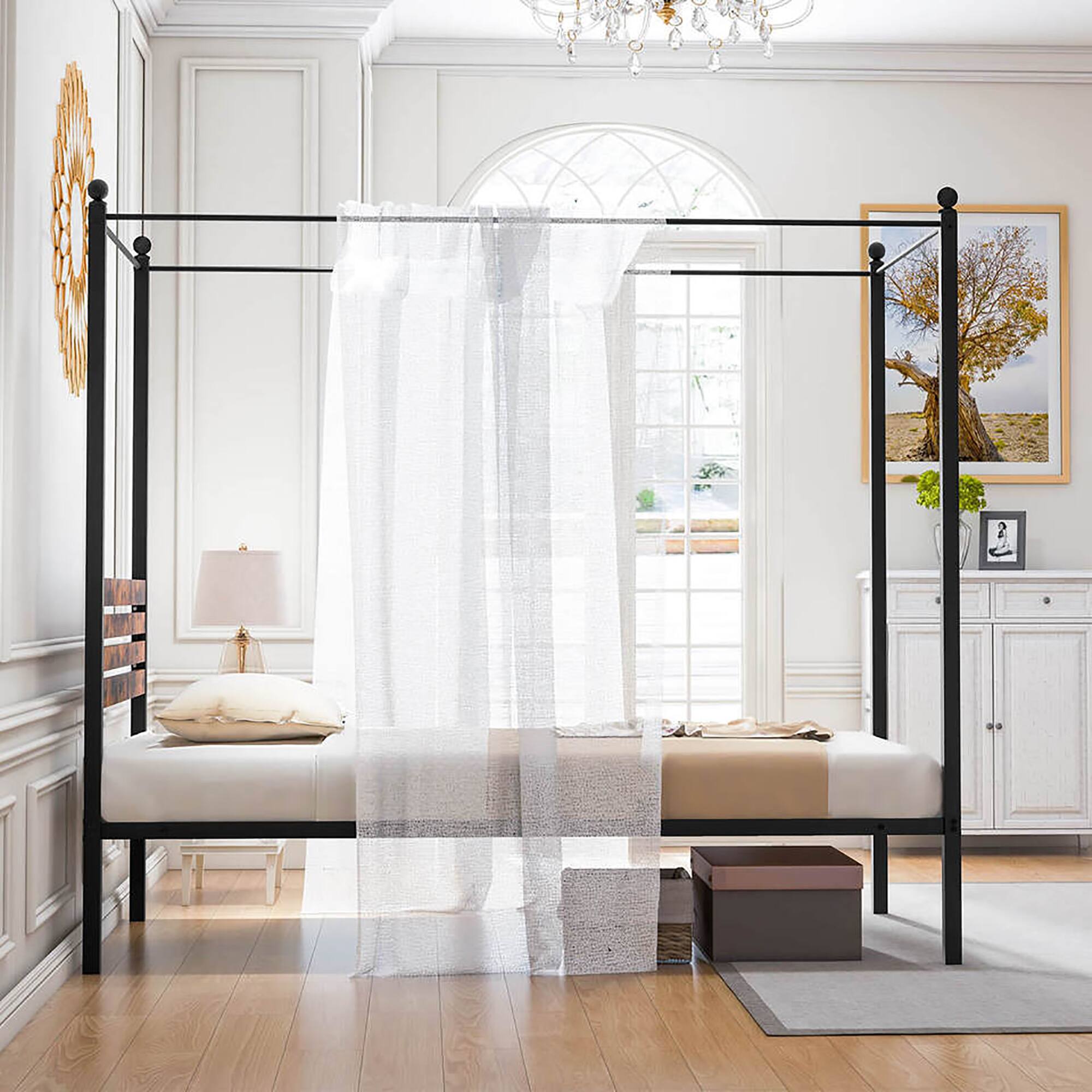 Gymax Twin Size 4 Post Canopy Bed Frame Rustproof Metal Noise free with ...