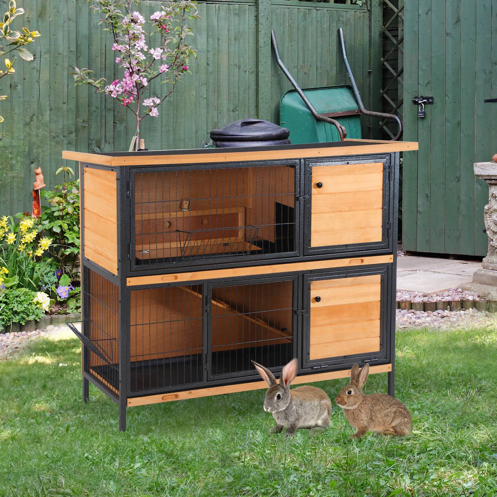 Pawhut Wooden 48" 2 Story Large Rabbit Hutch, Metal Frame with ...
