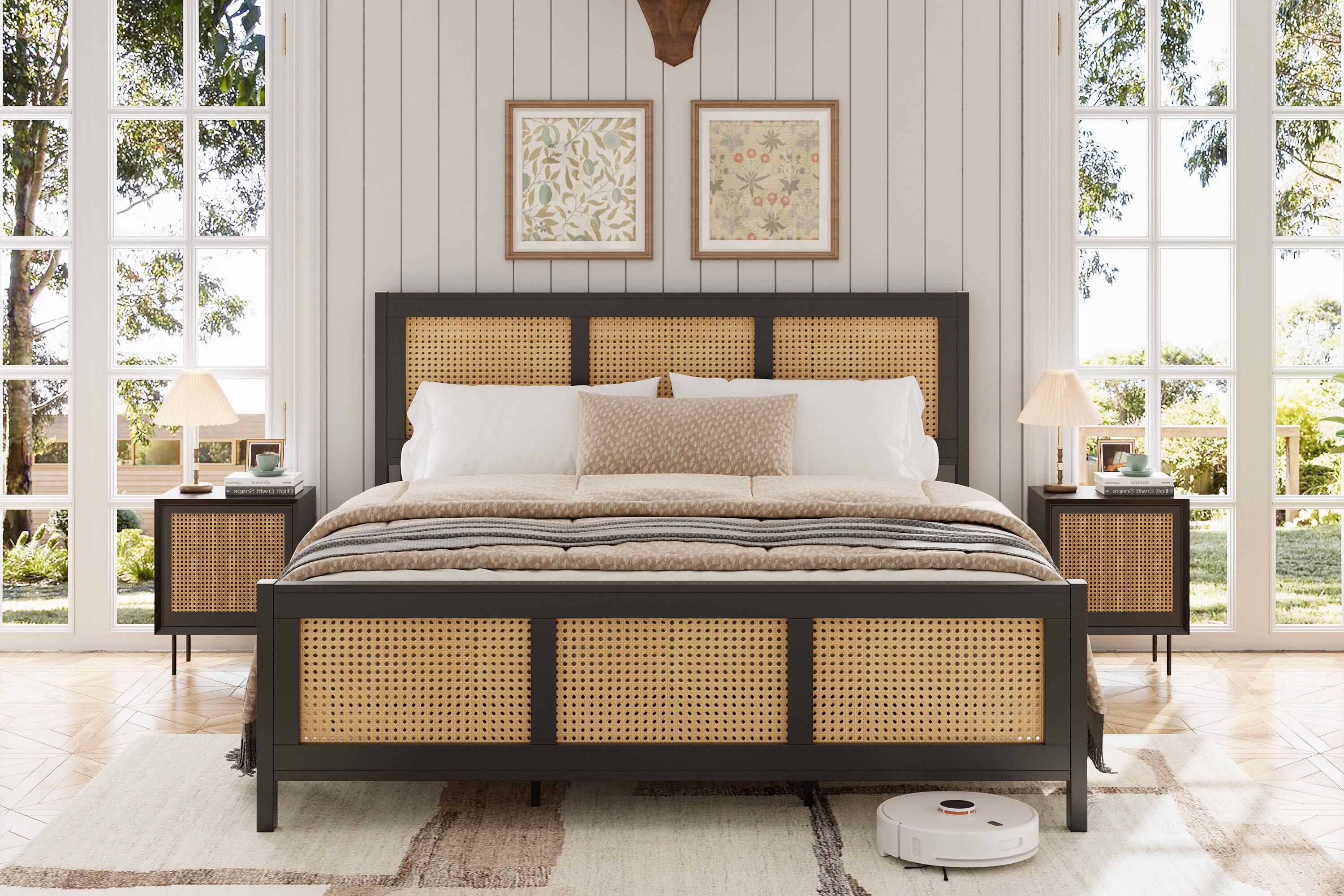 Acekool Easy Assembly Full Size Rattan Bed Frame Boho Cane Platform Bed ...