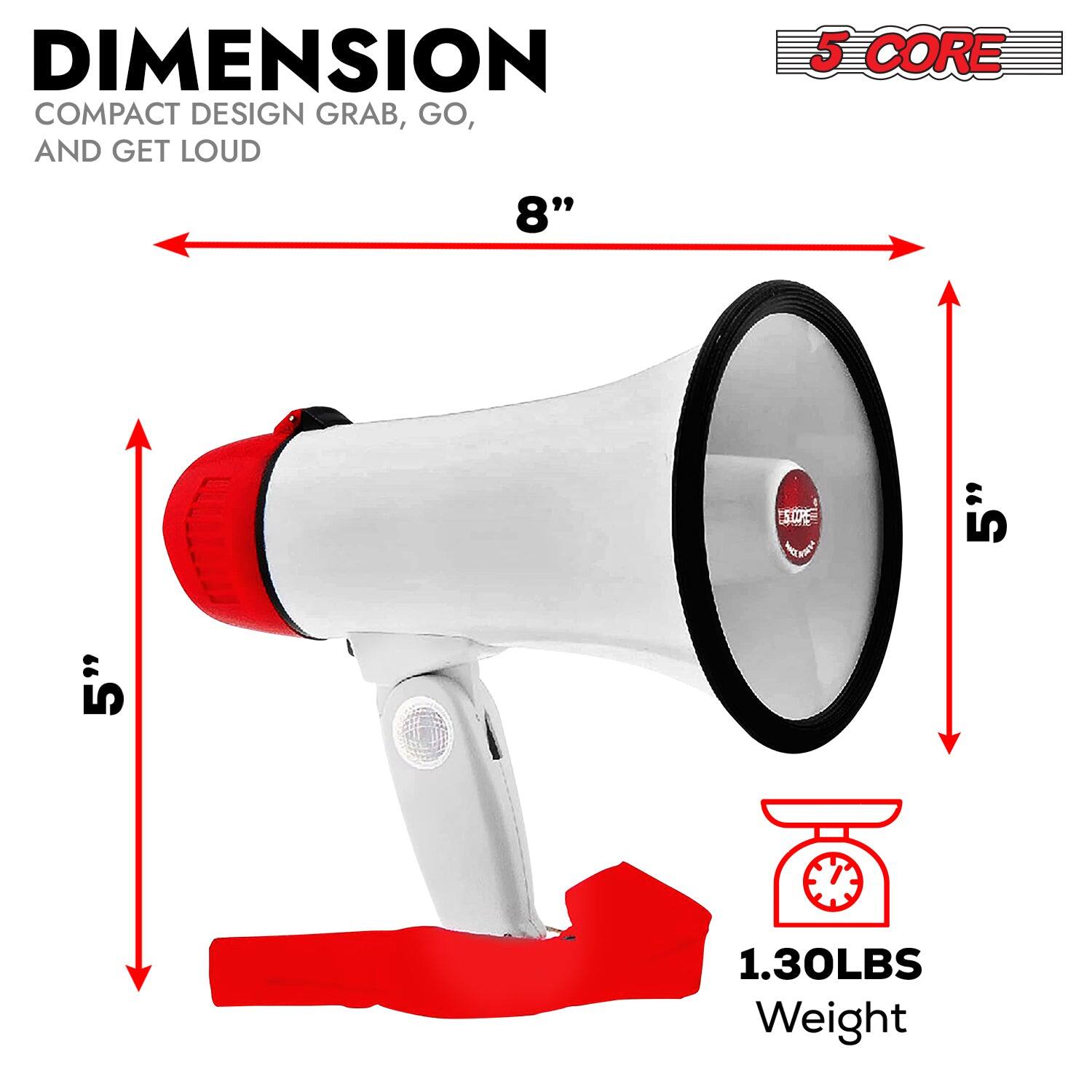 5 CORE Megaphone 30W Bull Horn PA Speaker w 800 Yards Range Loud Siren Voice Amplifier Portable ...