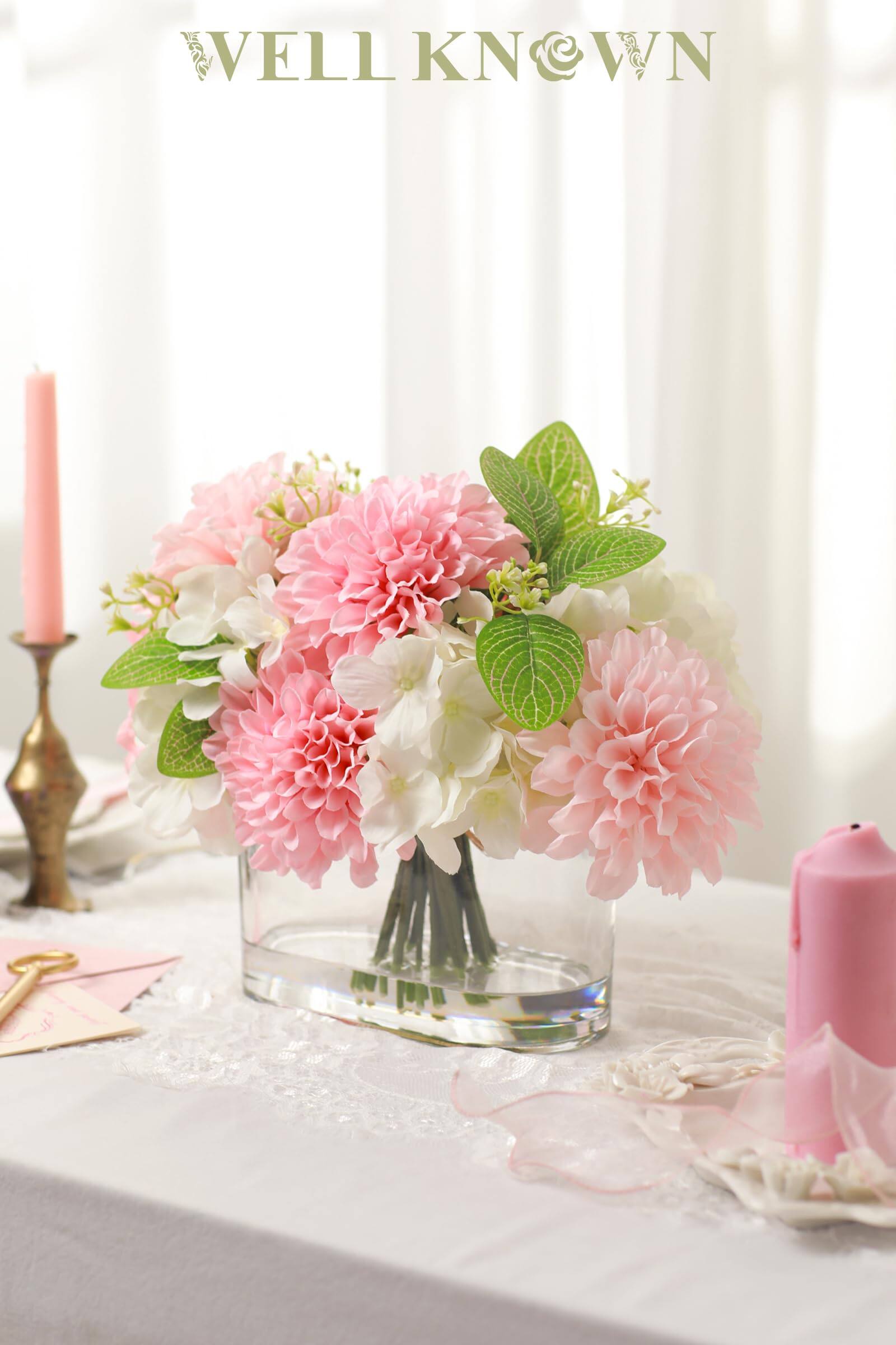 Siljoy Silk Hydrangea & Dahlia Arrangement, Large Glass Vase, Home ...