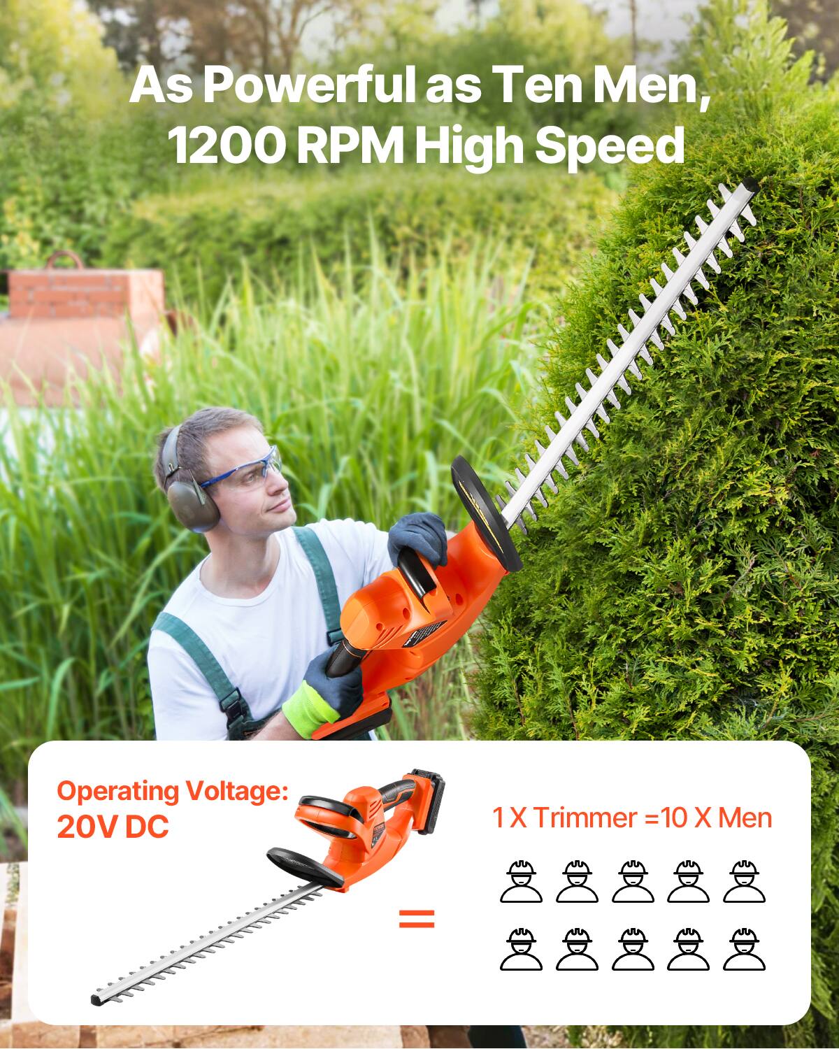 VEVOR Electric Hedge Trimmer, 1200 RPM, Cordless Hedge Trimmer for Low ...