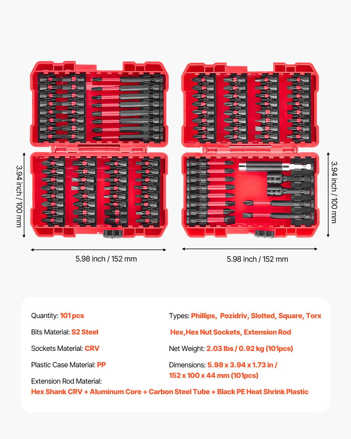 VEVOR Screwdriver Bit Set, 101 Piece, Magnetic Phillips, Pozidriv, Slotted, Square, Torx, Hex ...