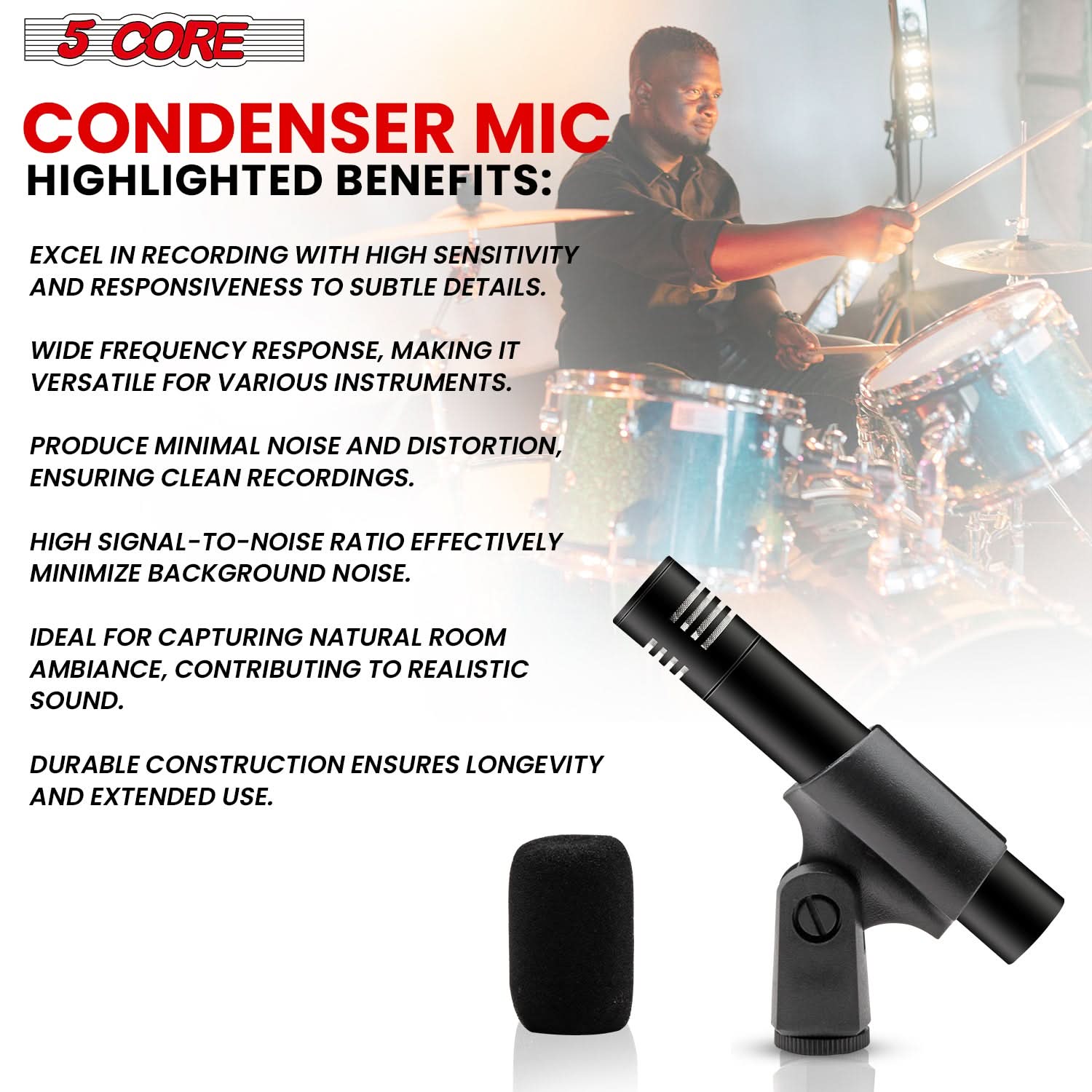 5 CORE Instrument Microphone Professional XLR Cardioid Pencil Stick ...