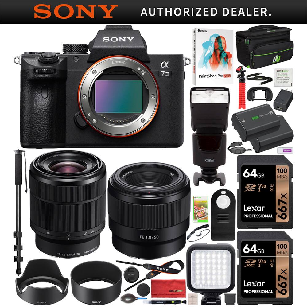 Sony a7 III Mirrorless 4K Camera + 2 Lens Kit 28 70mm + 50mm + Case 2x Battery Bundle ILCE7M3K/B ...