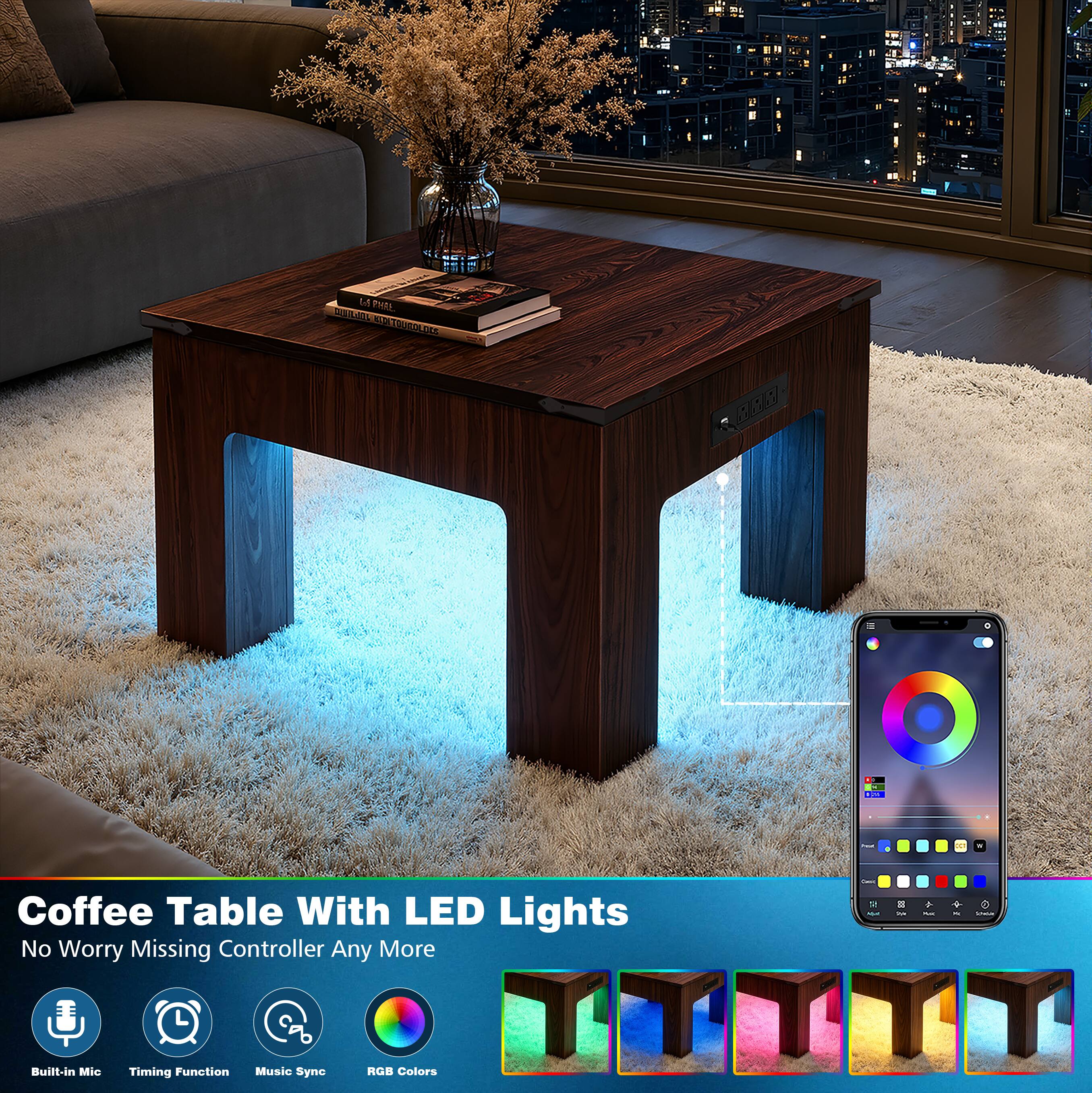 Aheaplus Square Coffee Table with Charging Station and LED Lights for ...