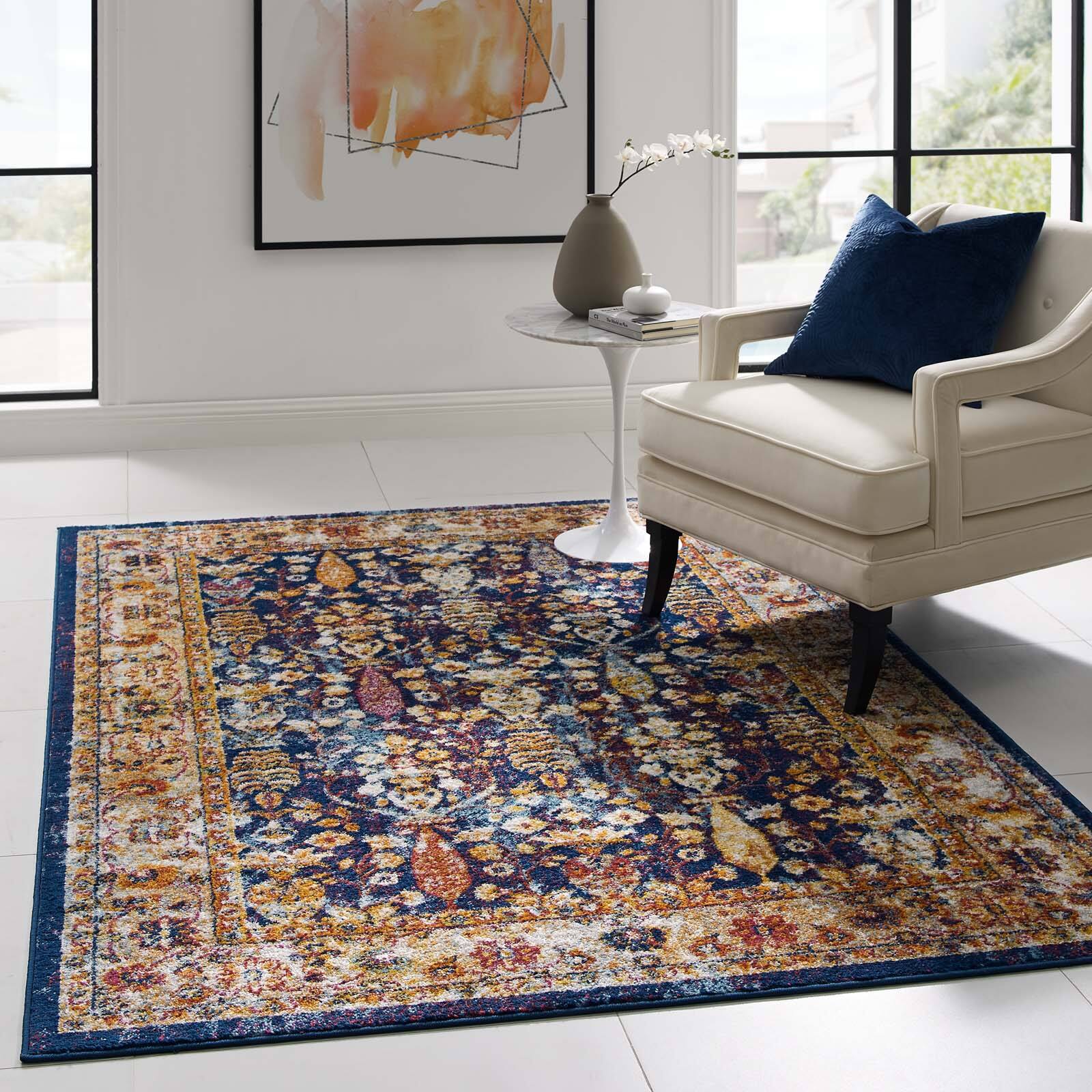 Modway Entourage Jessa Distressed Vintage Floral Lattice Area Rug Blue ...