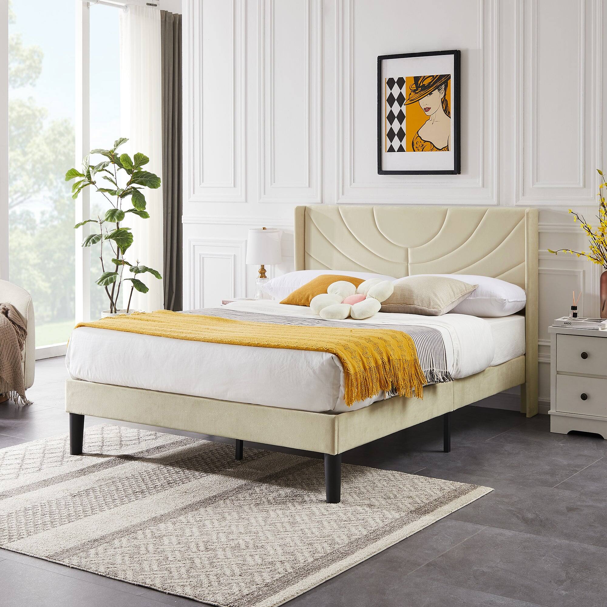 Vecelo Upholstered Platform Full Bed Frame with Fabric Headboard,Wooden ...